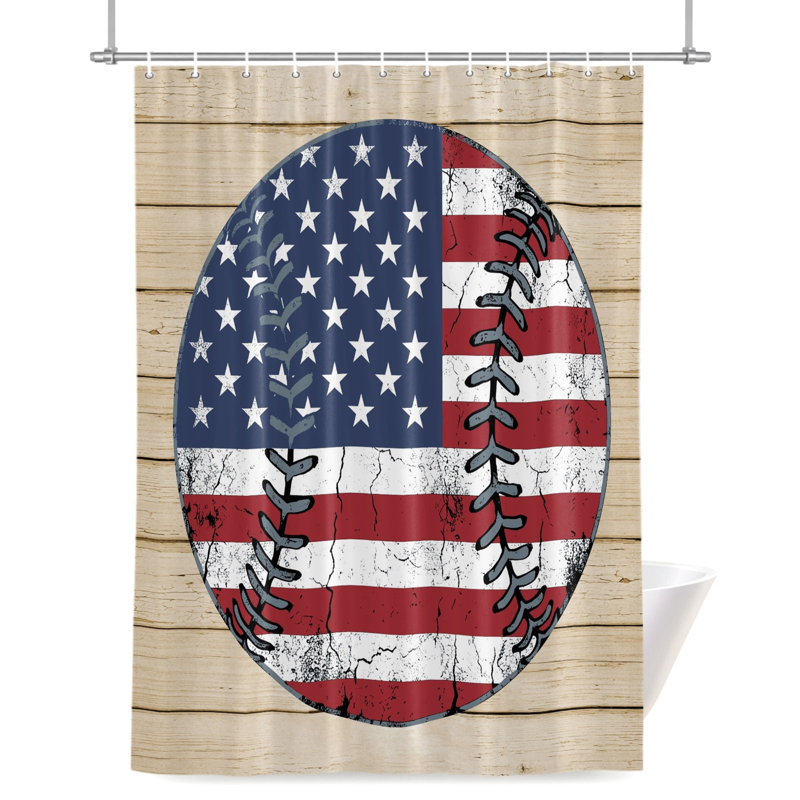 Baseball American Flag Shower Curtain, Rustic Wood Grain Patriotic ...