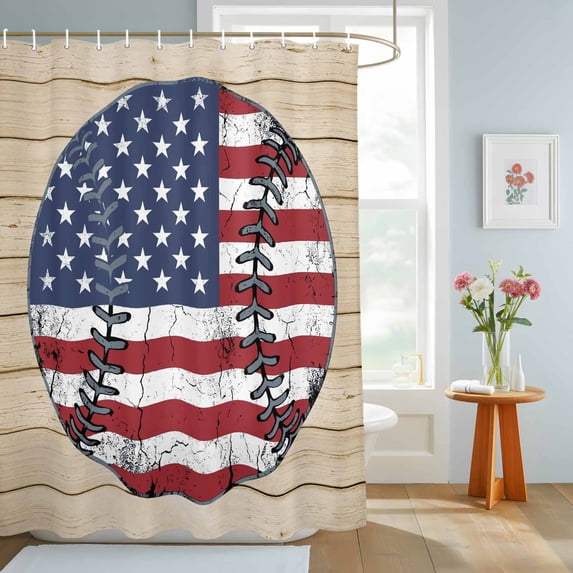 Baseball American Flag Shower Curtain, Rustic Wood Grain Patriotic ...