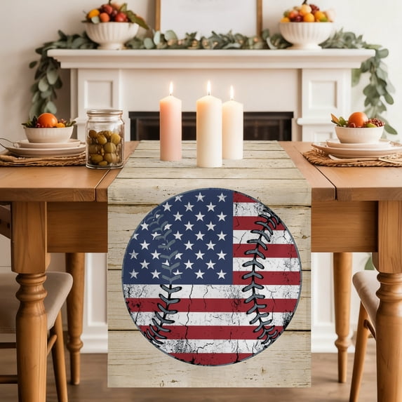 Baseball American Flag Table Runner, Rustic Wood Grain Patriotic ...