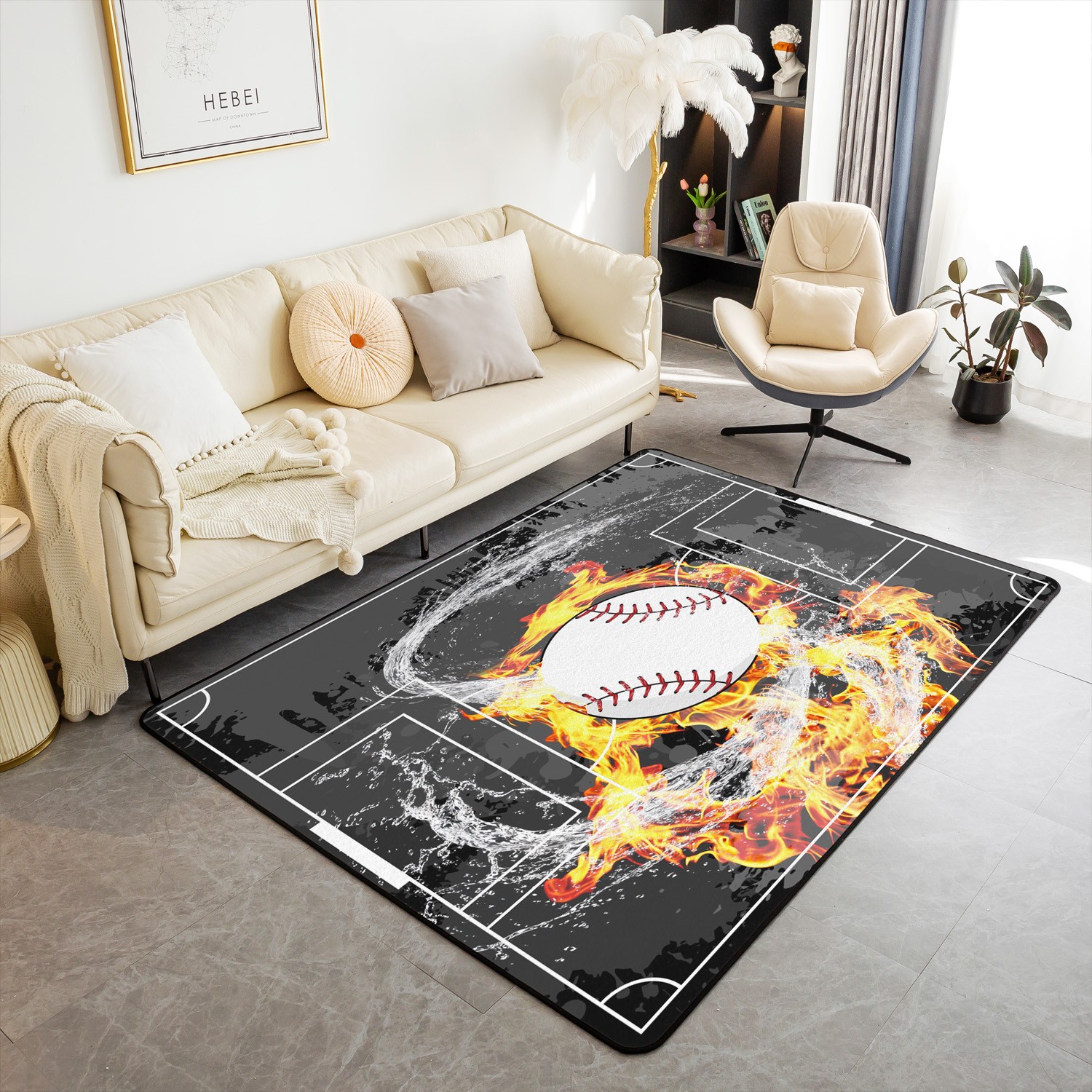 Baseball Area Rug 5x7,Water Fire Baseball Living Room Rugs for Teens ...