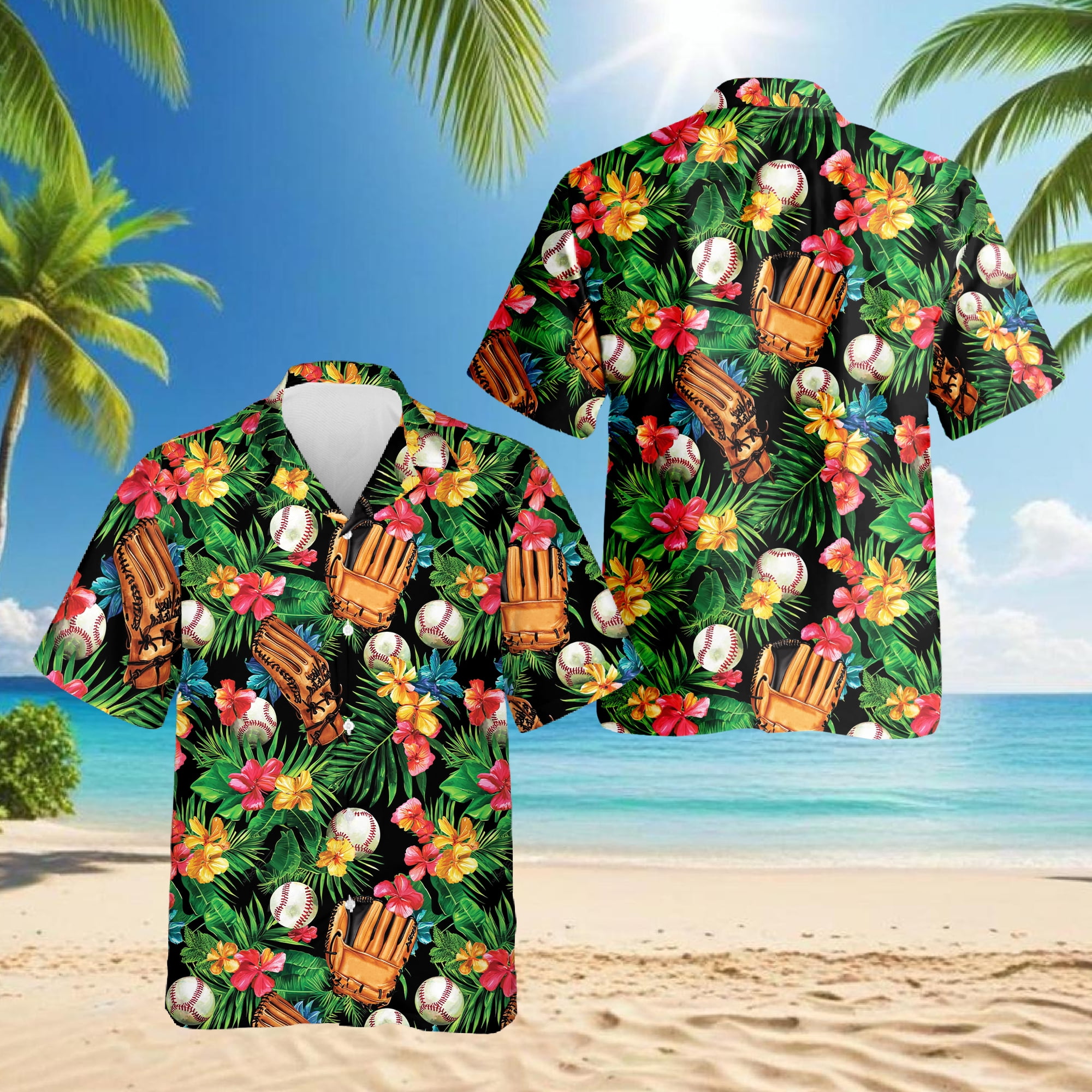 Baseball Art Tropical Hawaiian Shirt for Men, Button Down Summer Beach ...