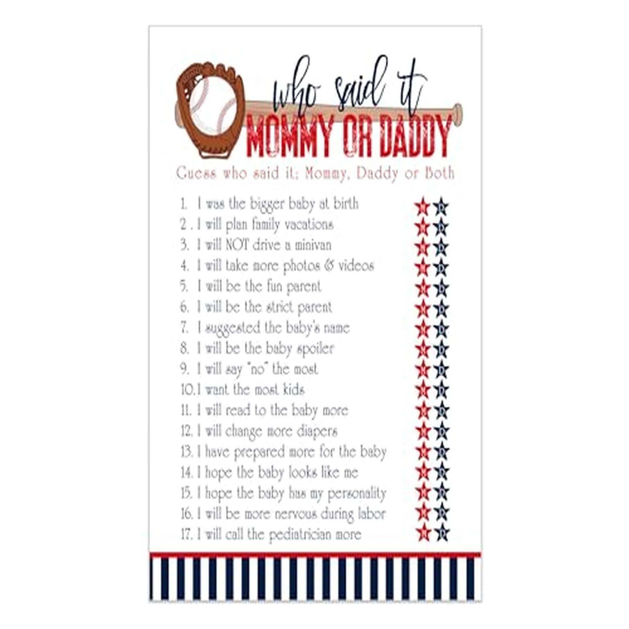 Baseball Baby Shower Guessing Game Cards - Fun Sports Themed Gender ...