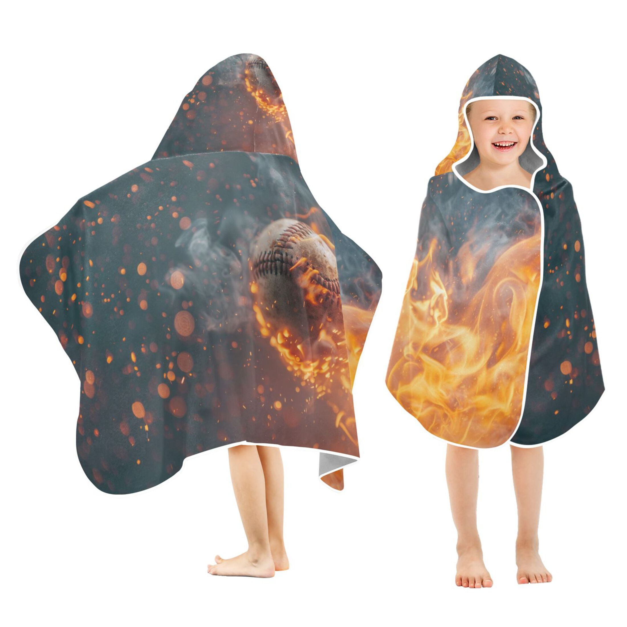 Baseball Ball with Fire Kids Hooded Beach Towel Baby Bath Poncho Towels ...