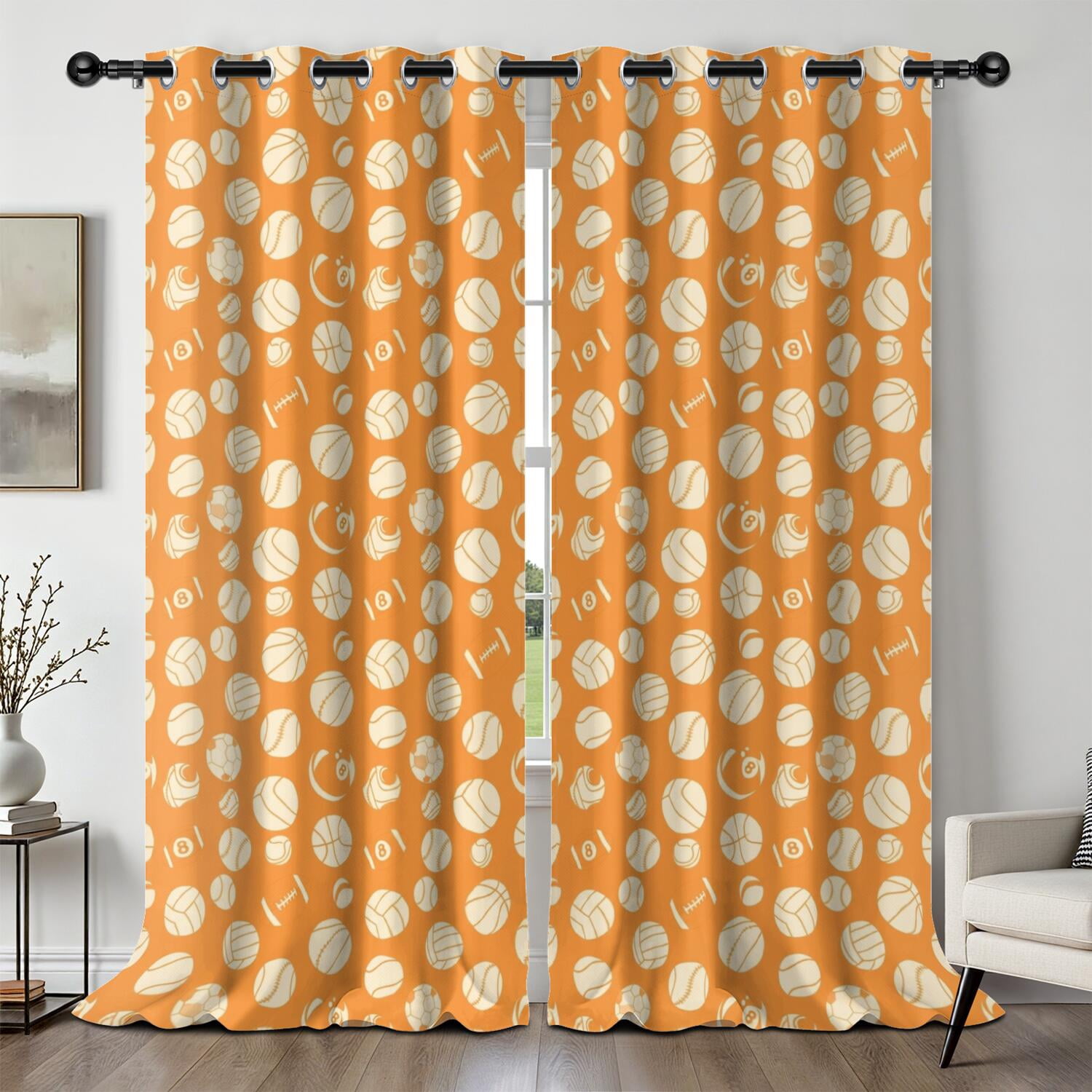 Baseball and Basketball Orange Pattern Blackout Curtains,Triple Weaved ...