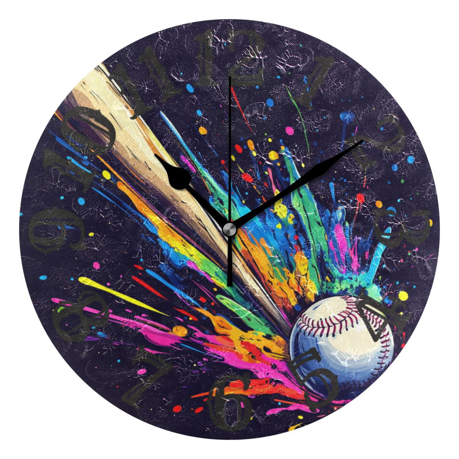 Baseball Bat Colorful Wall Clock 10 inch Non-Ticking Easy to Read ...