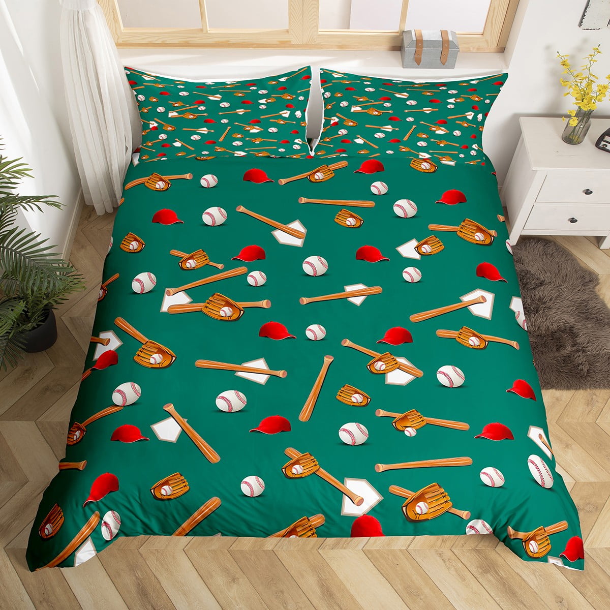 Baseball Bat Comforter Cover Vintage Baseball Mitt Duvet Cover for Kids ...