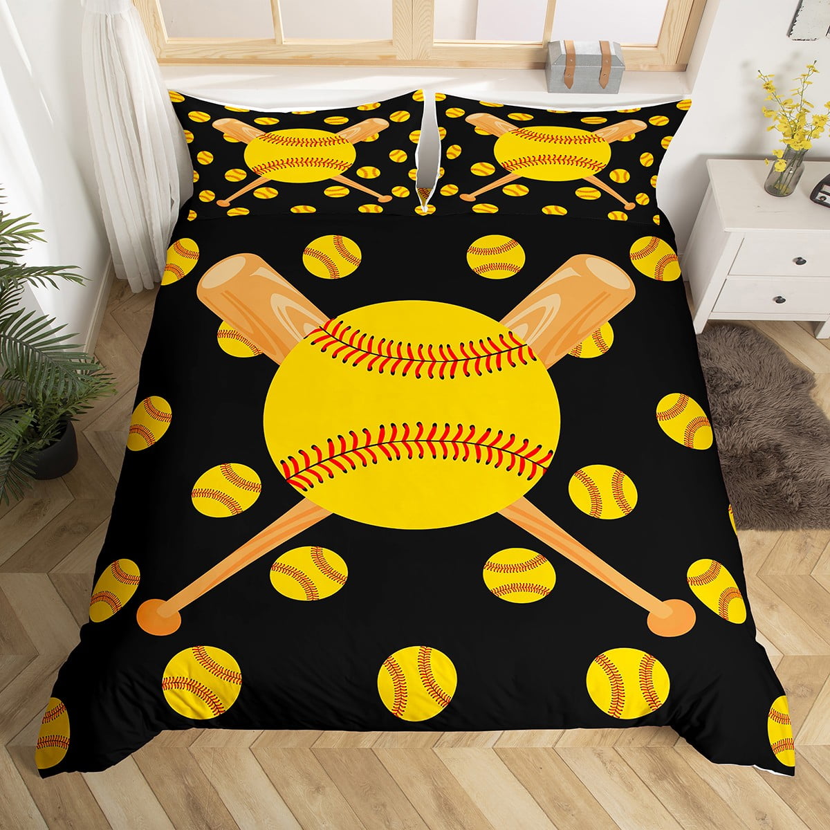 Baseball Bat Duvet Cover Red Yellow Baseball Bedding Set for Kids Child ...