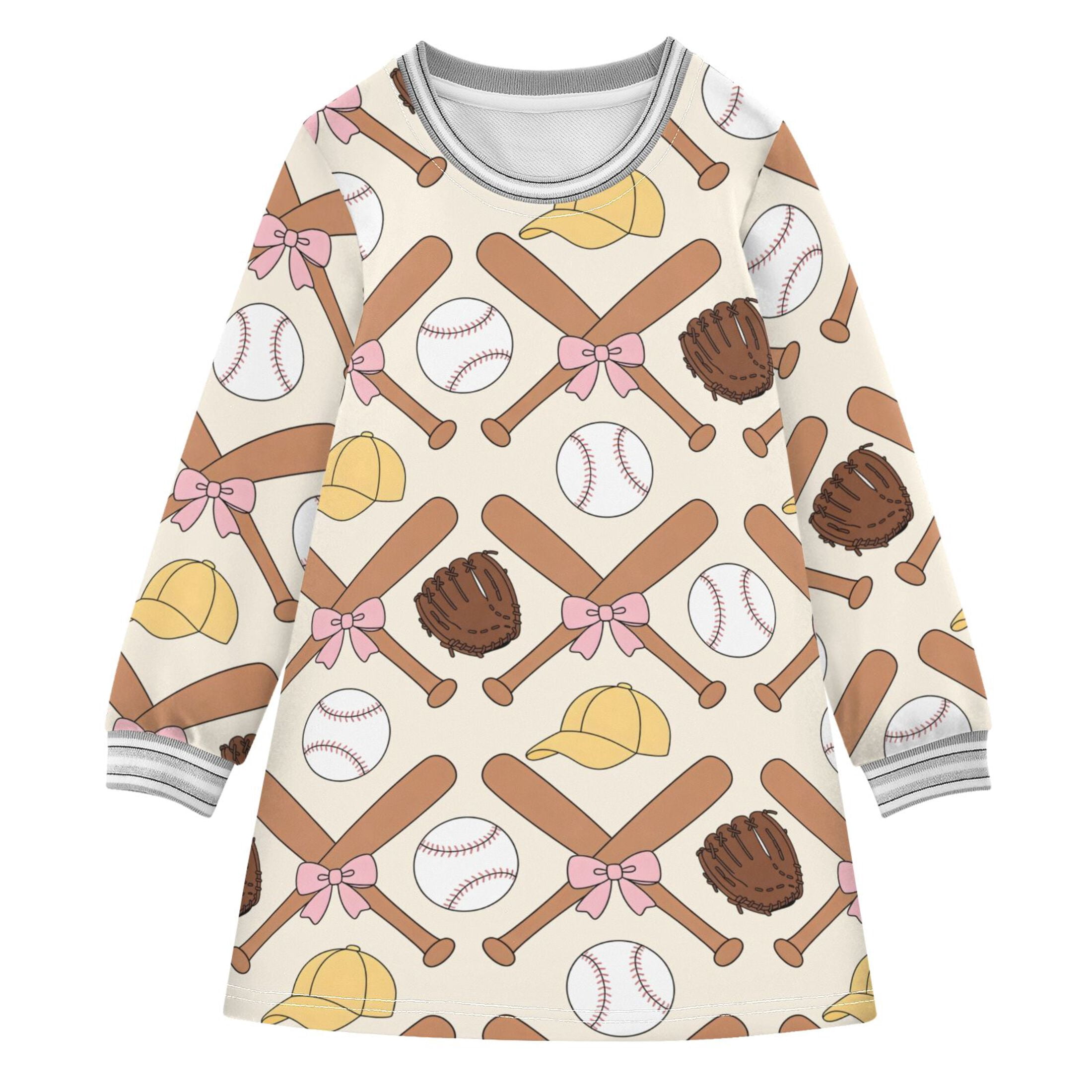 Baseball Bat Gloves Hat Bow Pattern Girls'long-sleeved dress Thickened ...