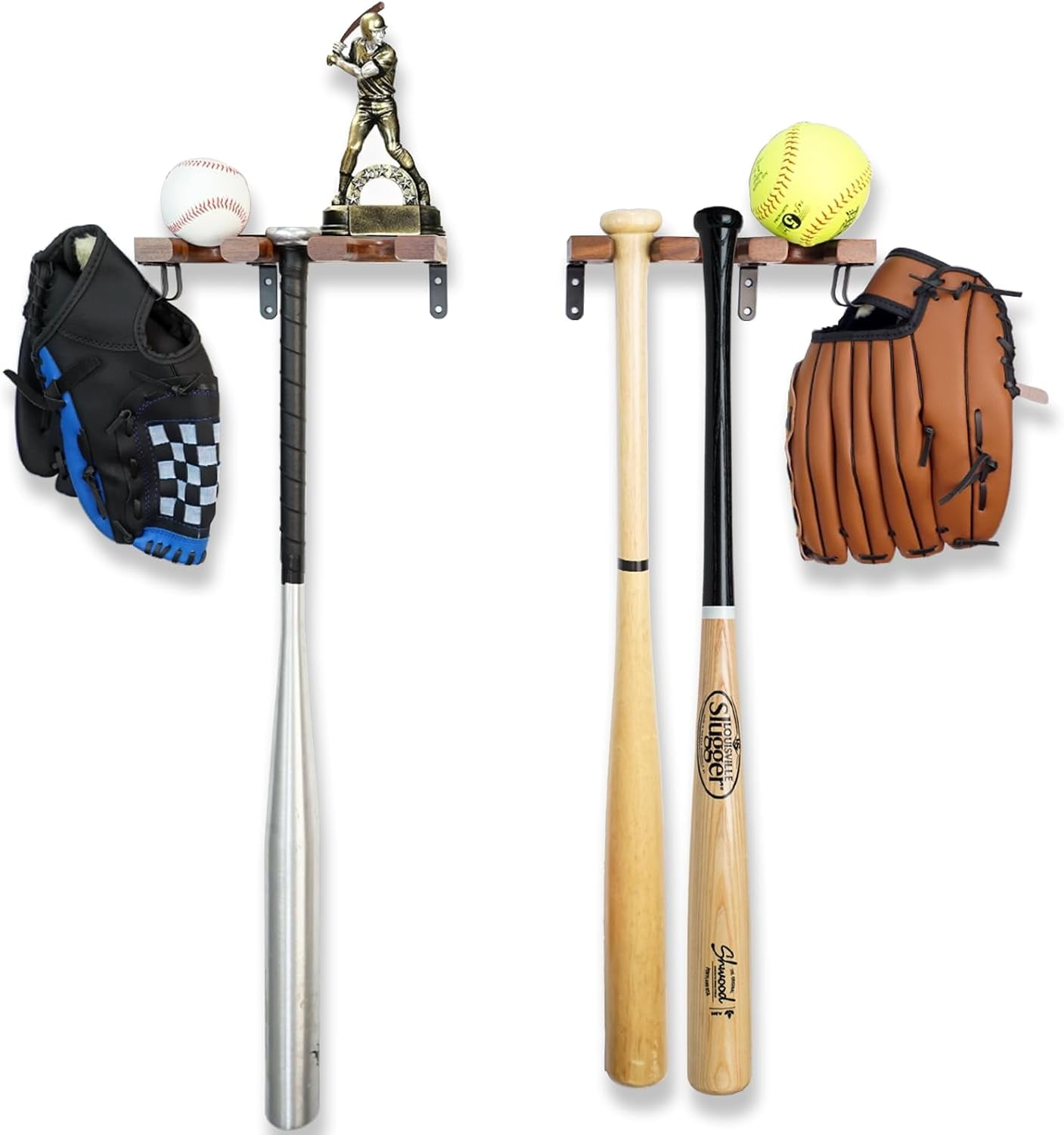 Baseball Bat Wall Mount - 2-Pack Wooden Display Case, Softball Rack ...