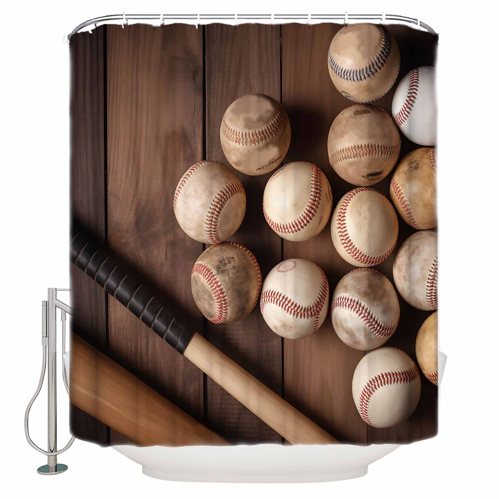 Baseball Bathroom Shower Curtains with 12 Hooks Polyester Waterproof ...