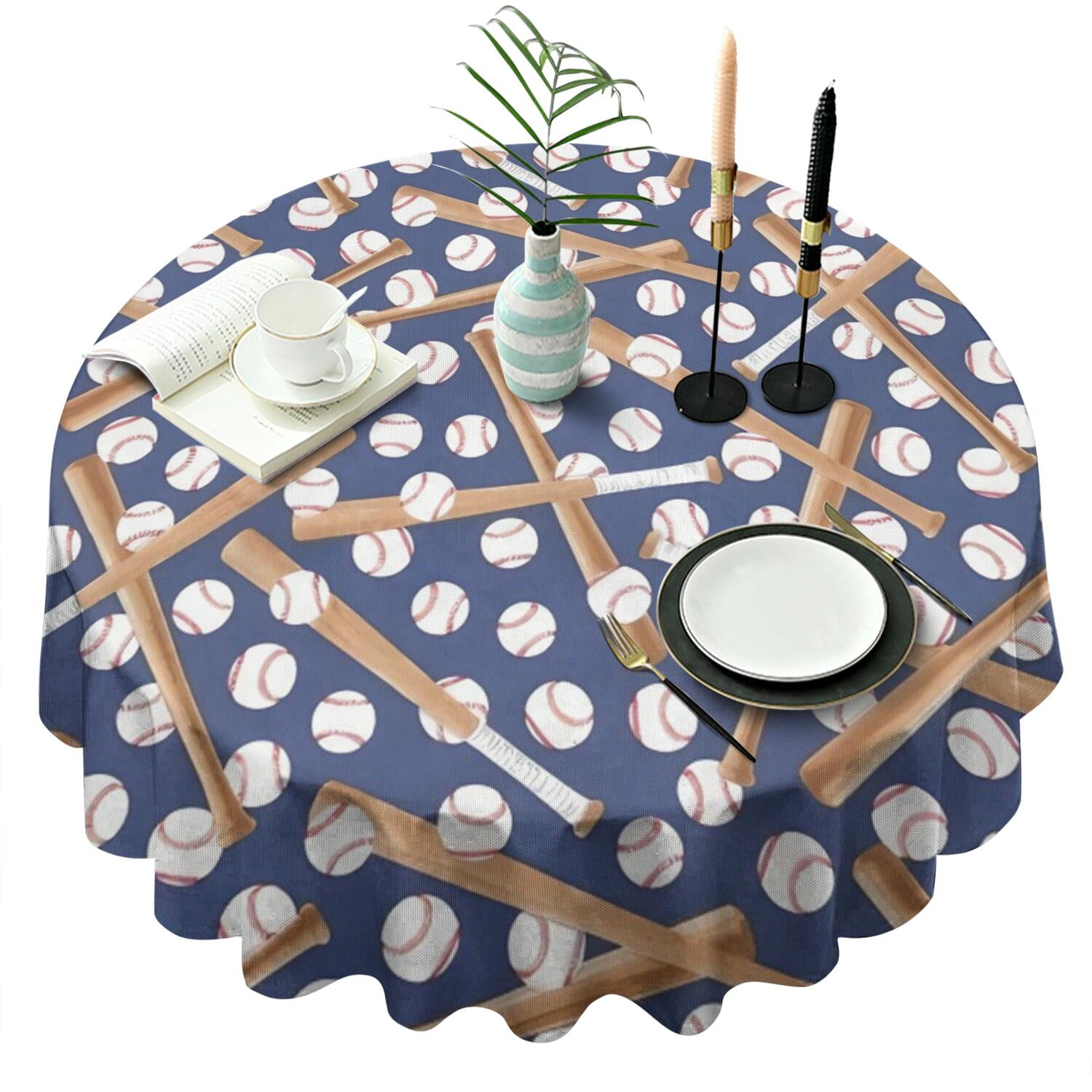 Baseball Bats and Balls Pattern Round Tablecloth 60"x60",Wrinkle ...