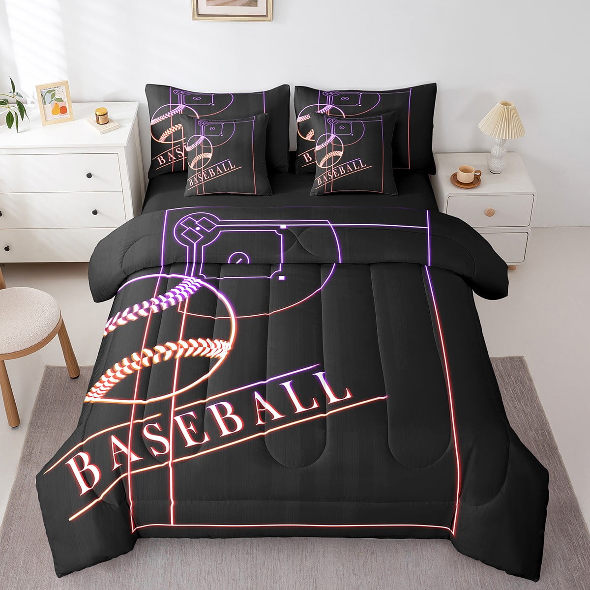 Baseball Bed in a Bag 7-Piece Sport Bedding Set , Glowing Baseball ...