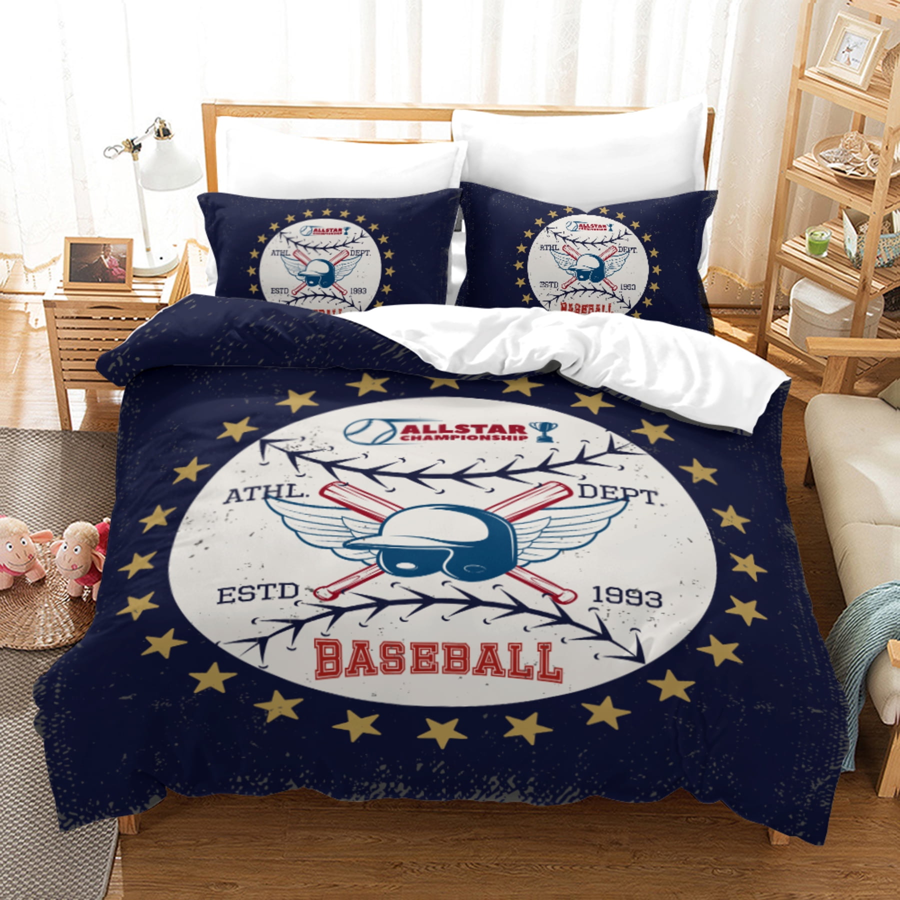 Baseball Bedding Set Dark Blue with Gold Stars & Bats Design Vintage ...