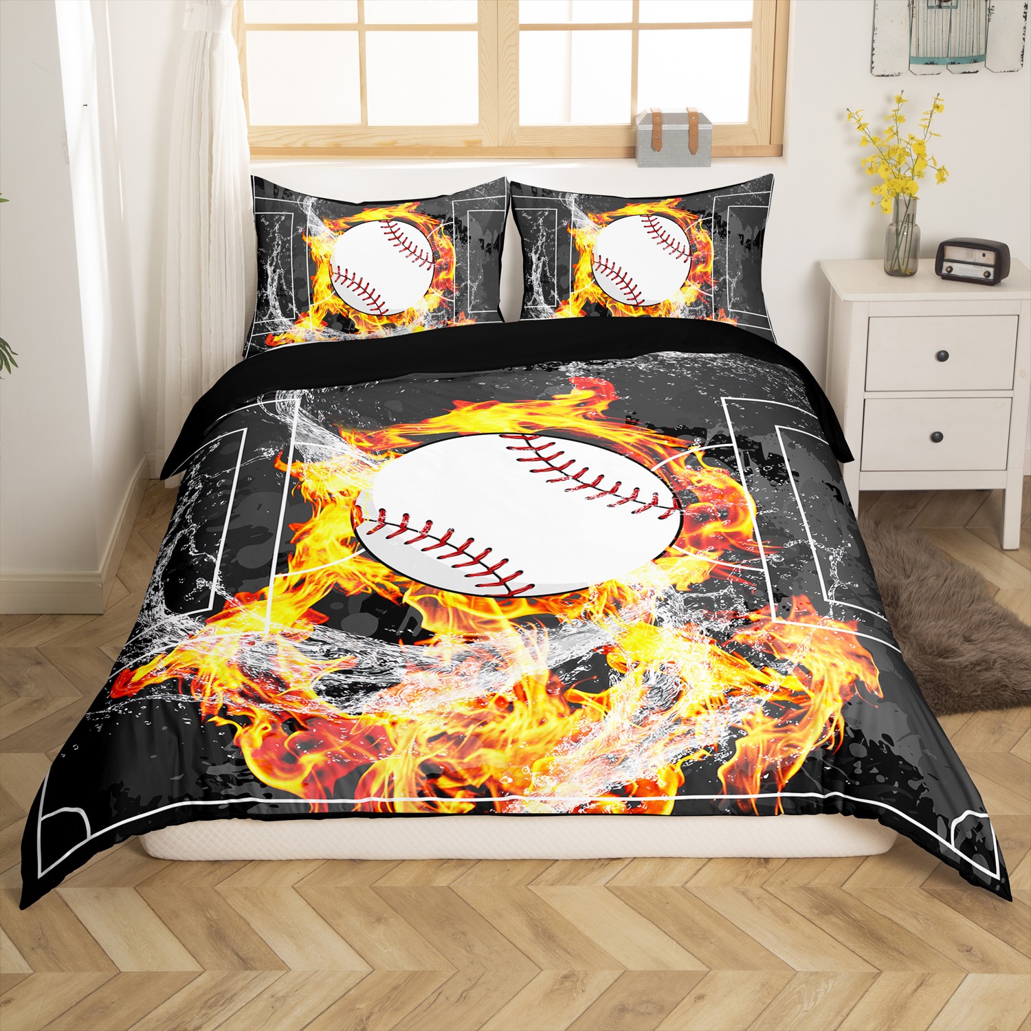 Baseball Bedding Set s,Water Fire Baseball Duvet Cover for Teens ...
