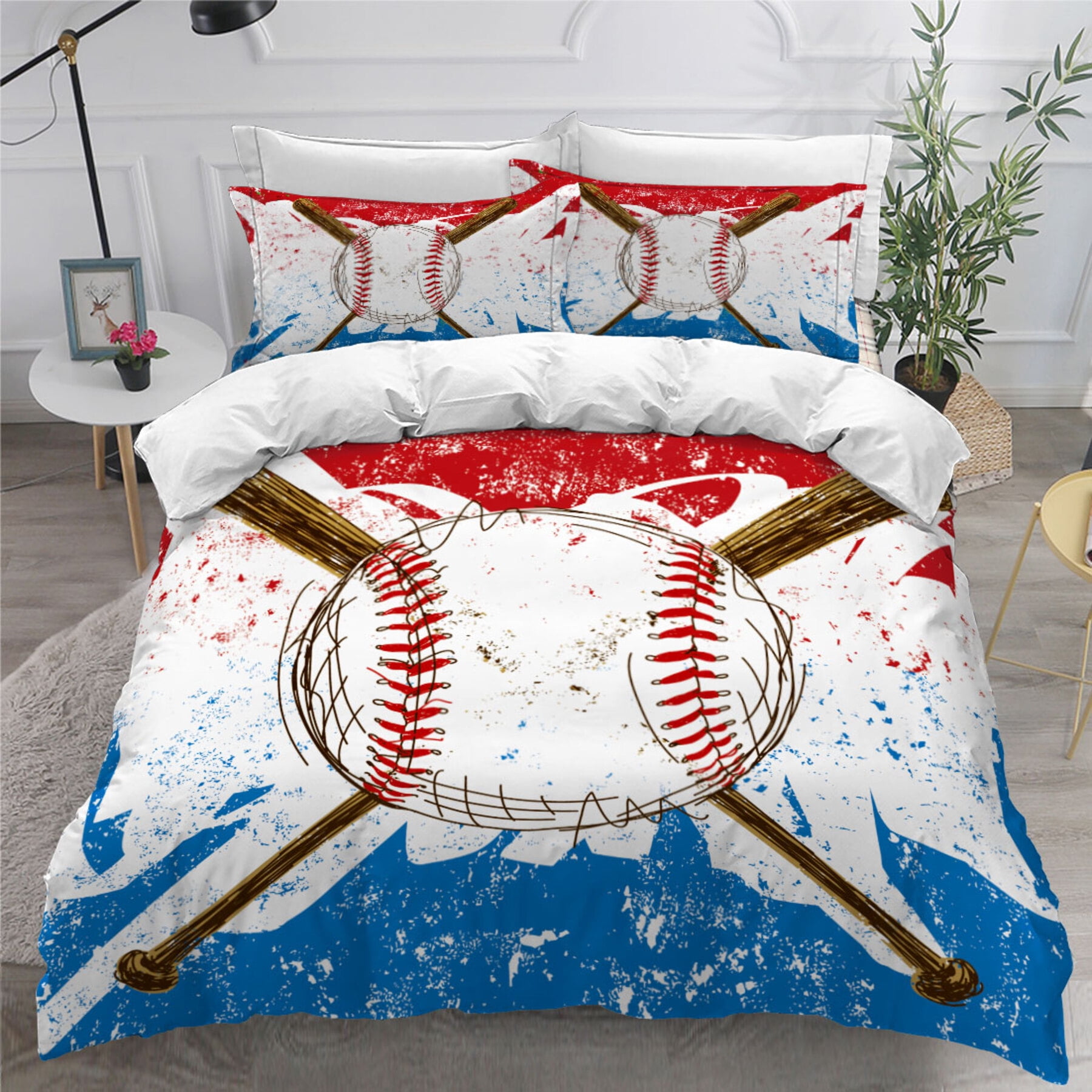 Baseball Bedding Set with Crossed Bats - Sketch Style Grunge Design Red ...