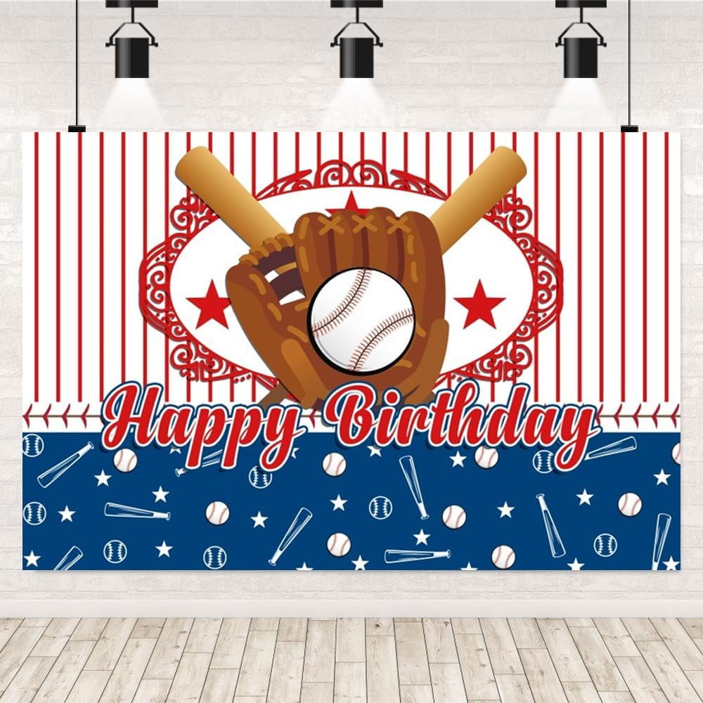Baseball Birthday Backdrop Boys Blue and Red Baseball Party Decorations ...