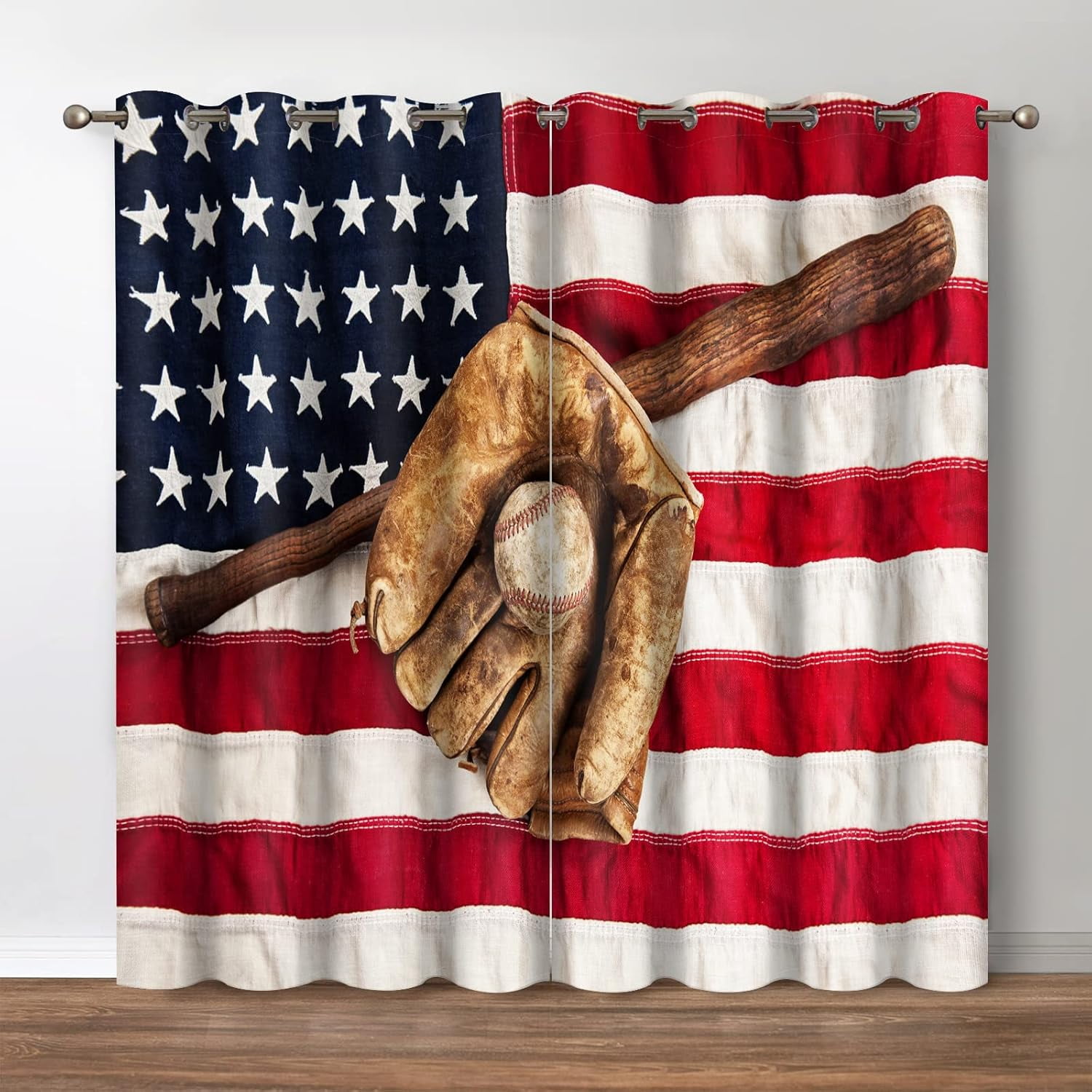 Baseball Blackout Curtains - American Flag Baseball Bat Softball Ball ...