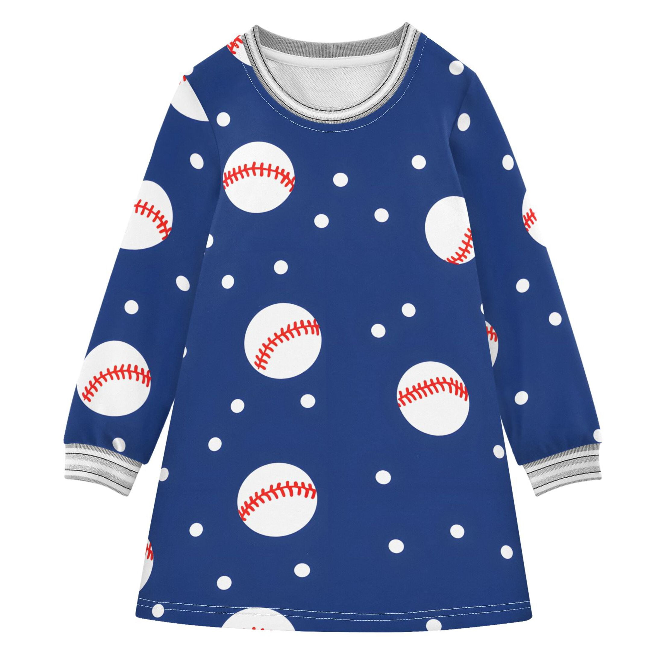 Baseball Blue Tile Pattern Girls'long-sleeved dress Thickened A-dress ...