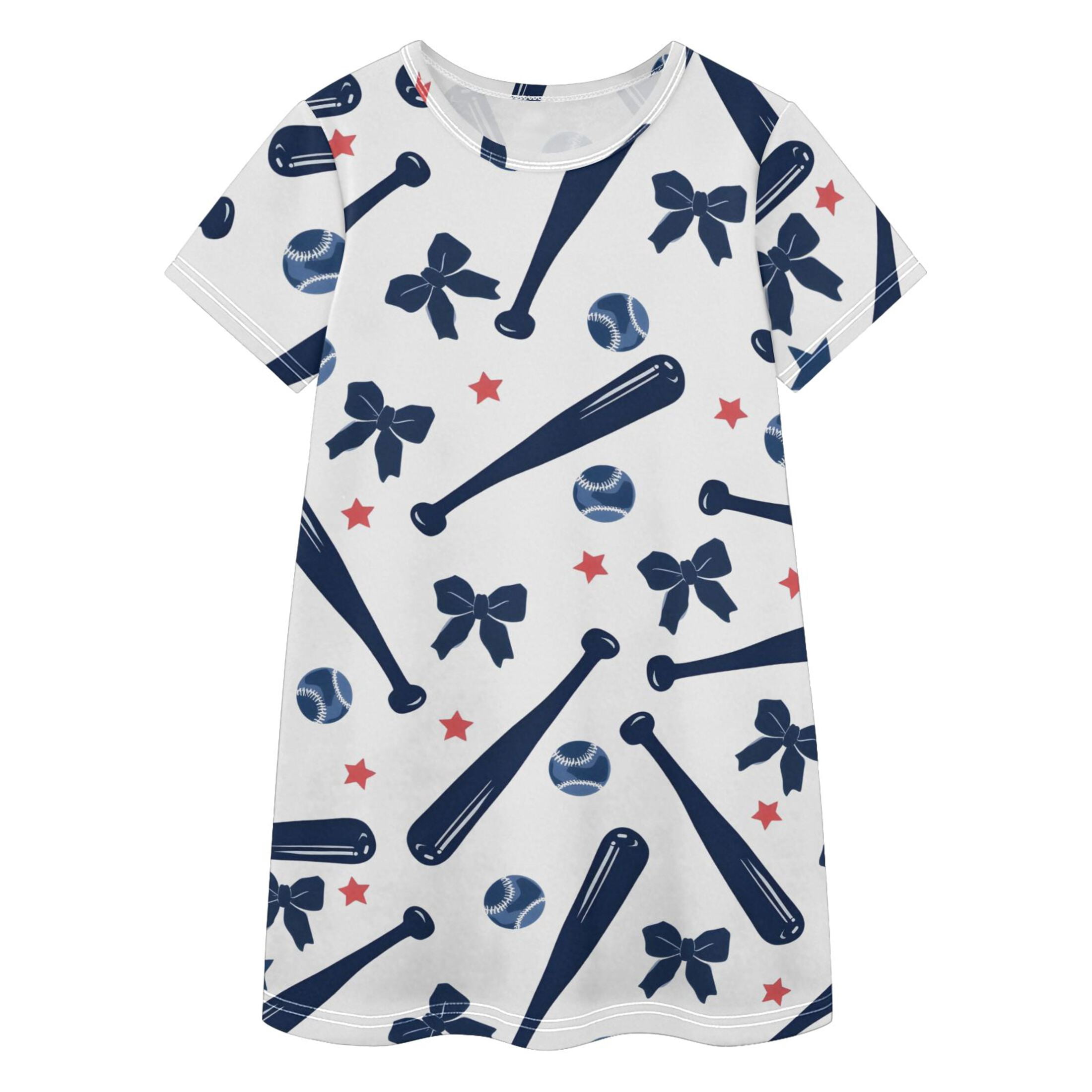 Baseball Bow Star Pattern Girls' Casual Dresses Short Sleeve Cotton ...