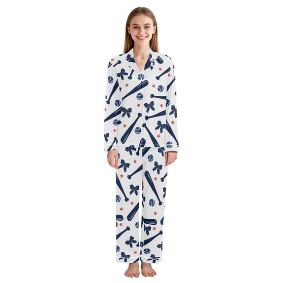 Baseball Bow Star Pattern Women Pajama Set Soft Notch Collar Button ...