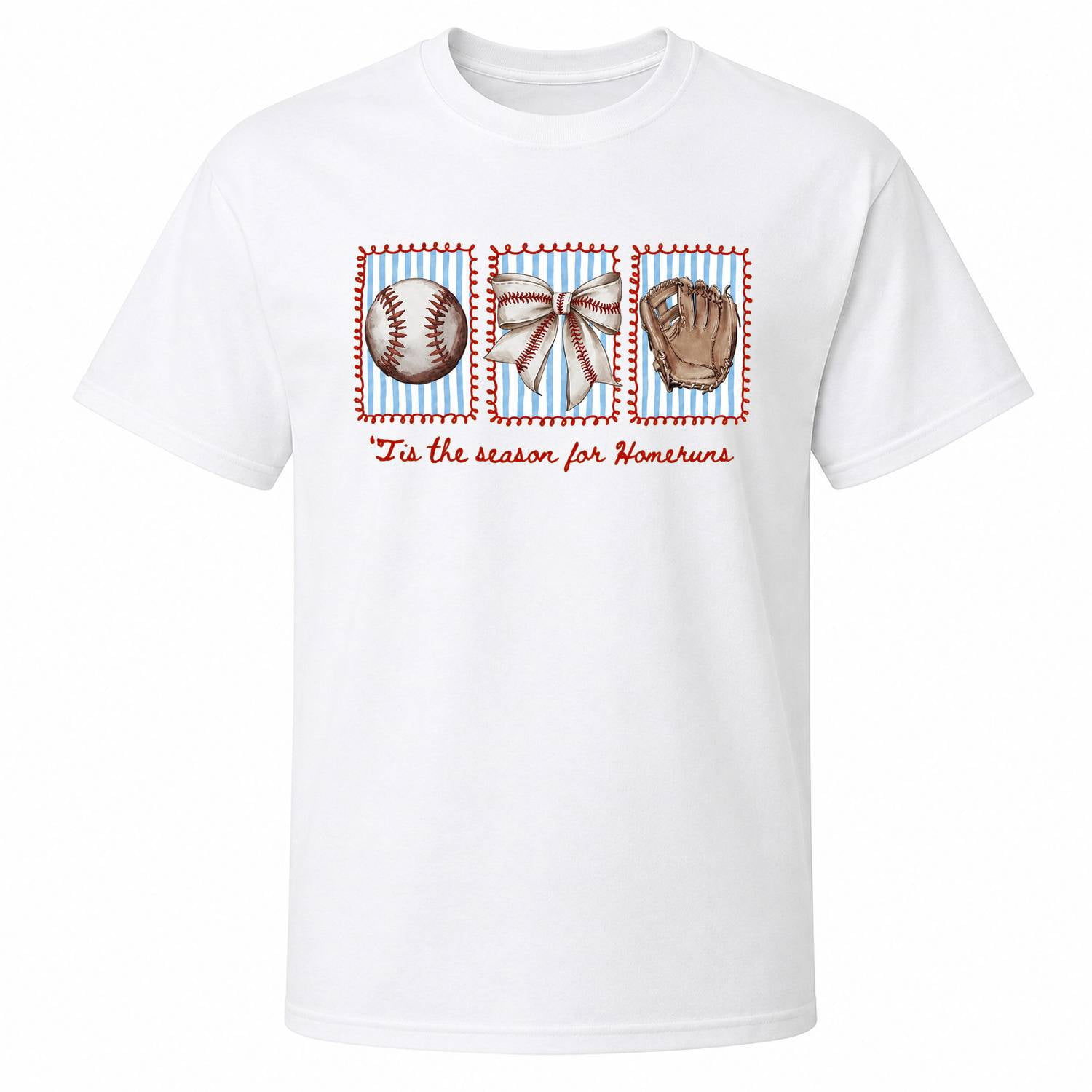 Baseball, Bow and Glove Graphic T-Shirt, Red and Blue Stitched Frames ...