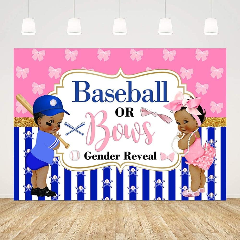 Baseball or Bows Gender Reveal Backdrop Pink Bows Gold Blue White ...