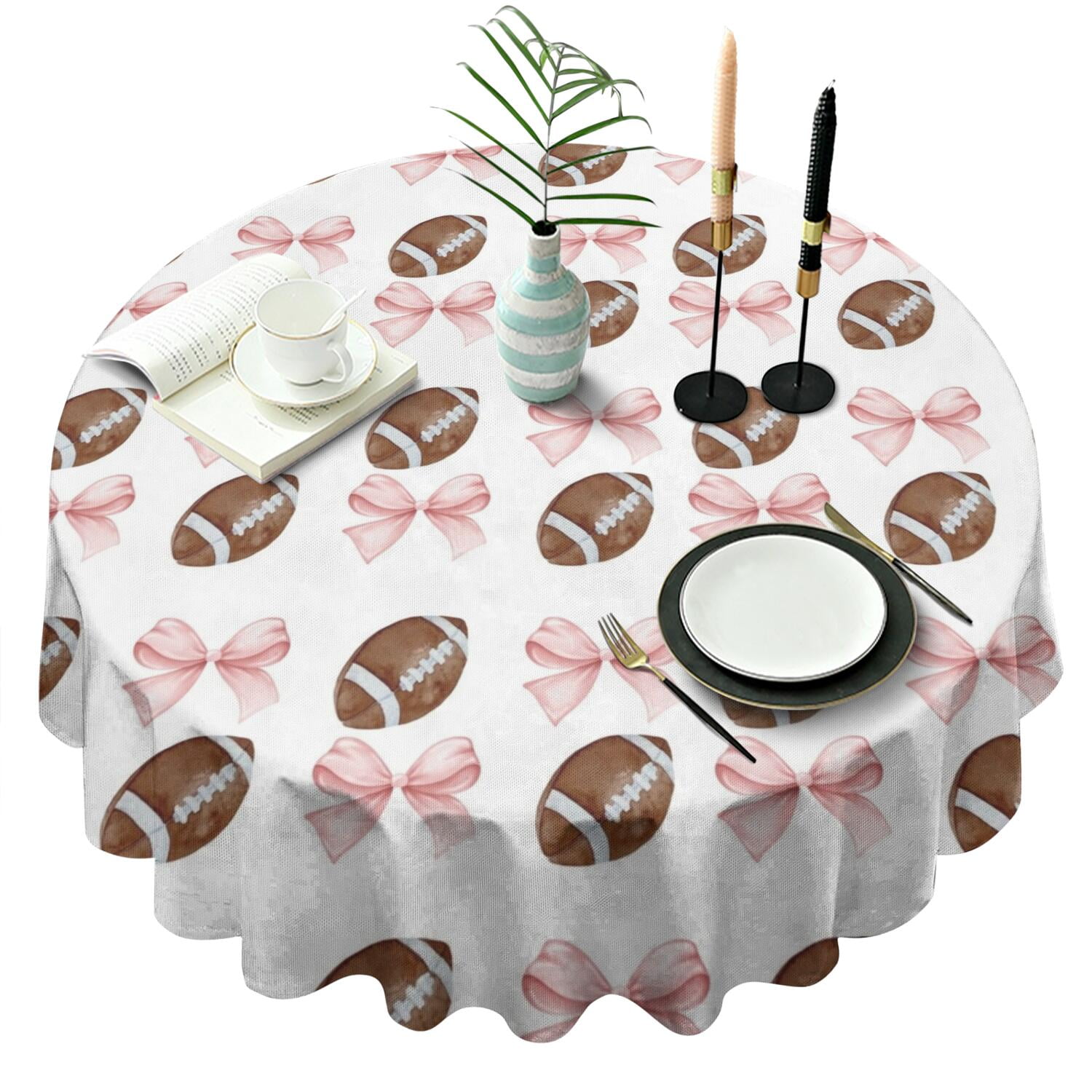 Baseball Bows Pattern Round Tablecloth 60"x60",Wrinkle Wipeable Table ...