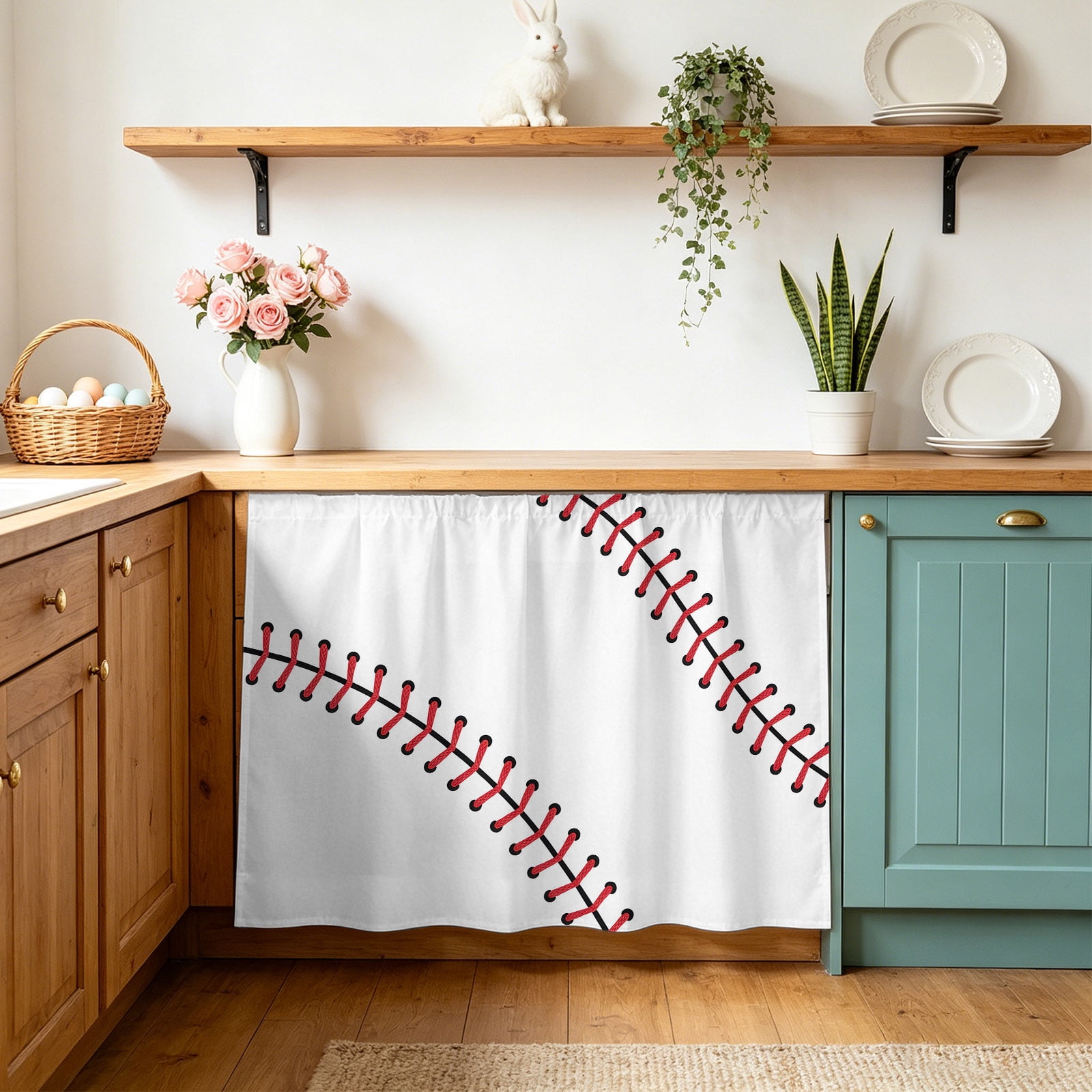 Baseball Cabinet Curtains 28''x35.4'', Modern Minimalist Red Lines Sink ...