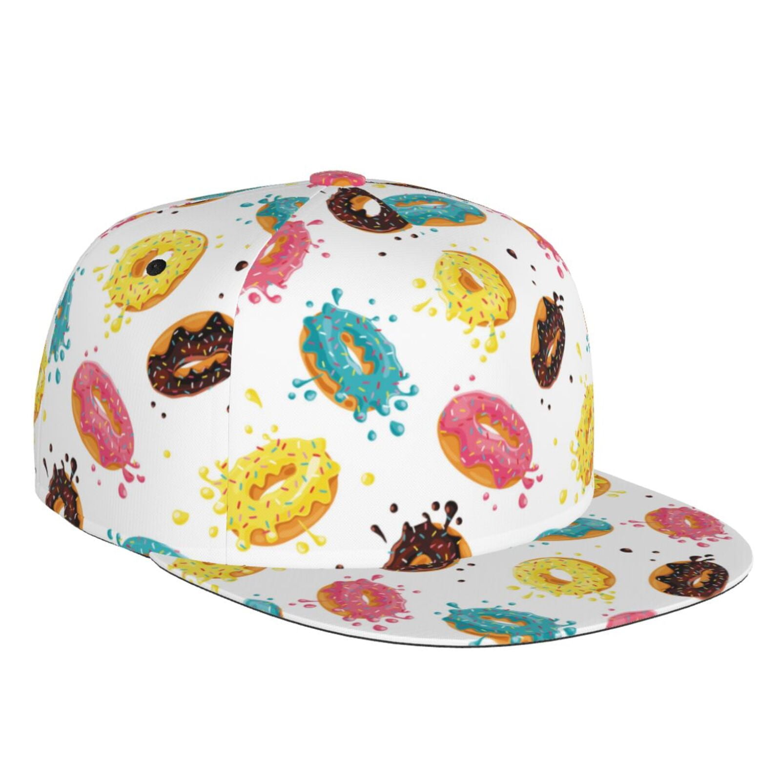 Baseball Cap Colourful Donut Print White Flat Brim Hats for Men and ...
