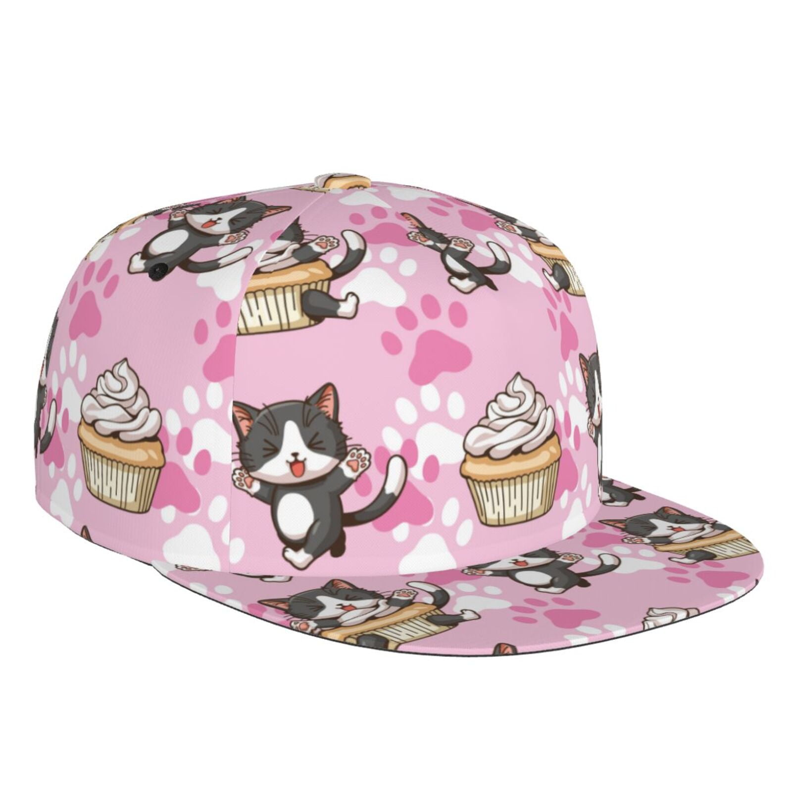 Baseball Cap Funny Cute Cat Ice Cream Pink Flat Brim Hats for Men and ...