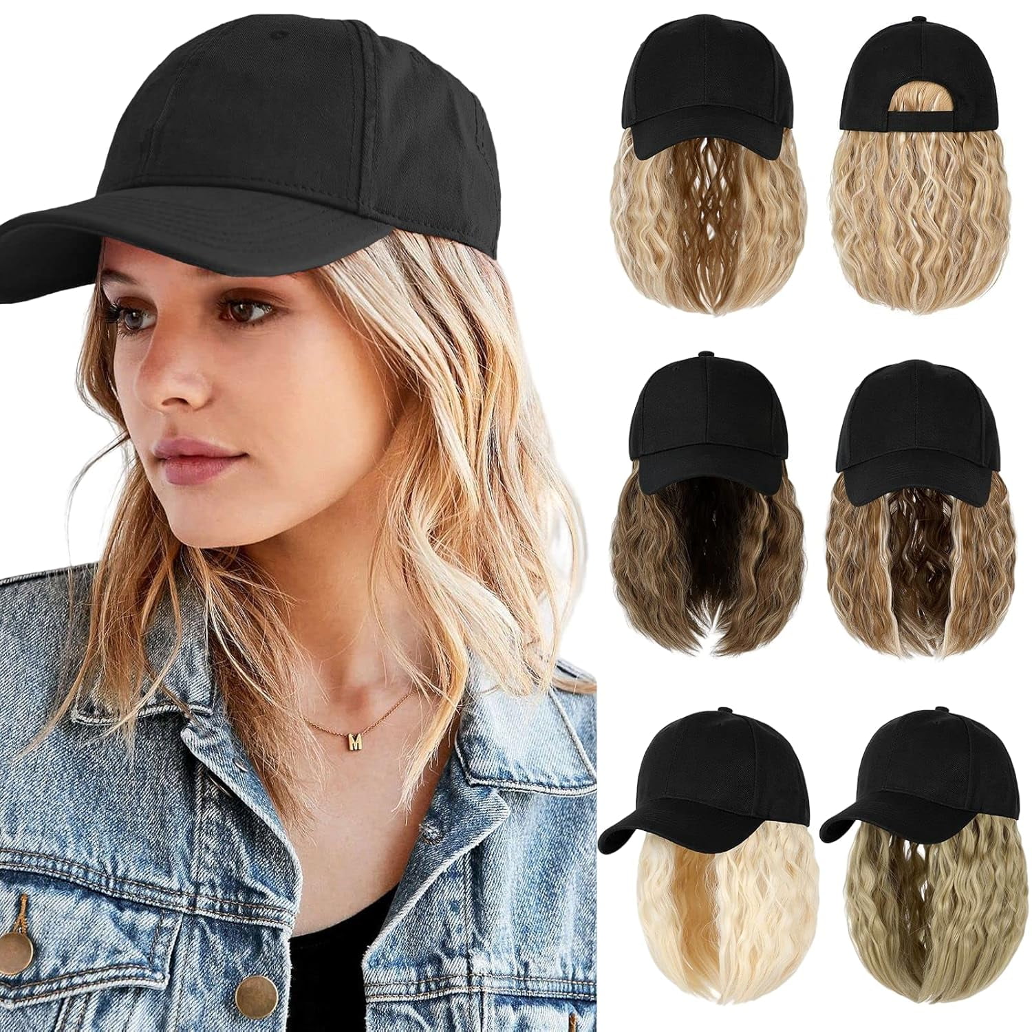 Baseball Cap with Hair Extensions 14inch Wavy Curly Bob Hairstyle ...