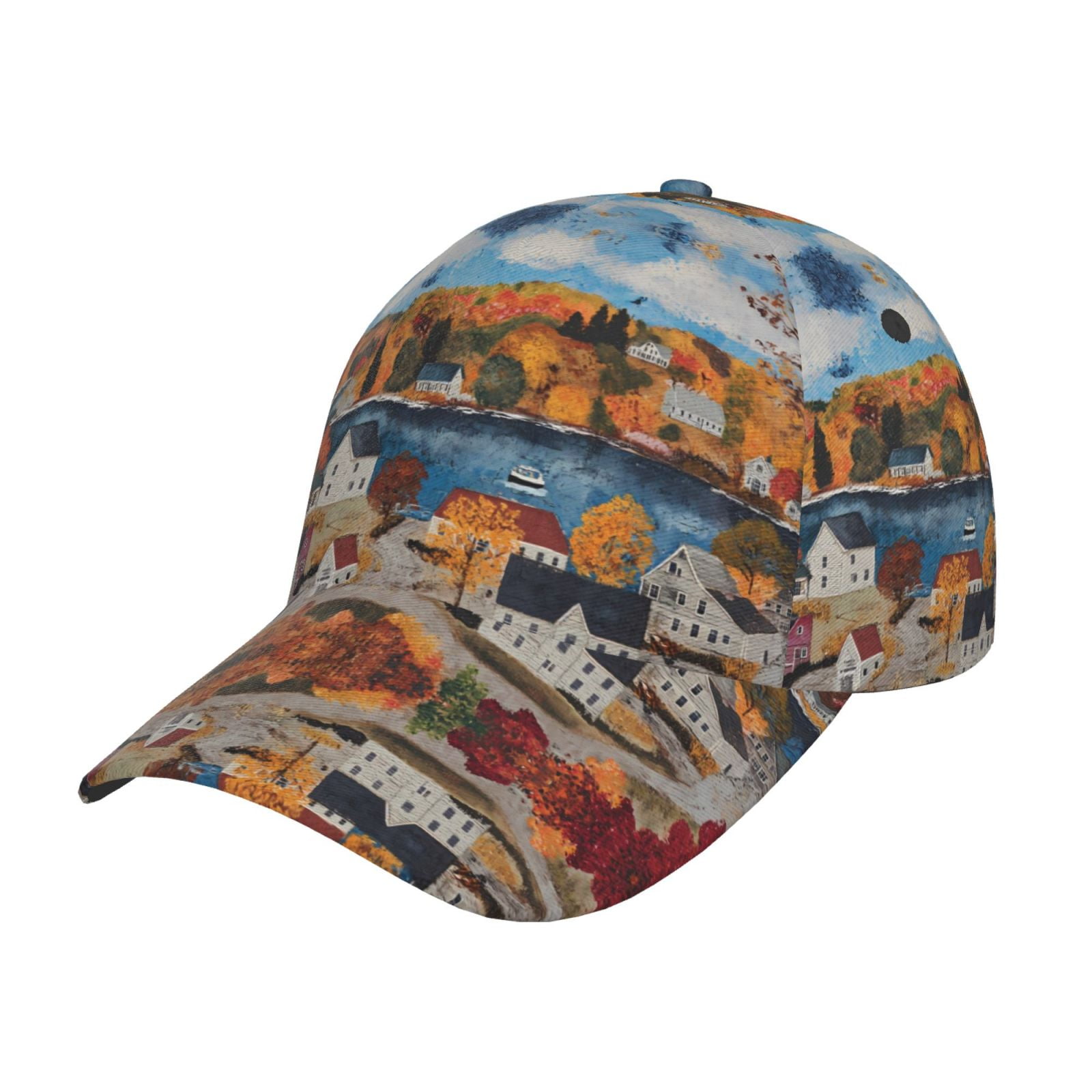 Baseball Cap, Idyllic Fall Village Scene Trucker Hats Women Dad Hat for ...