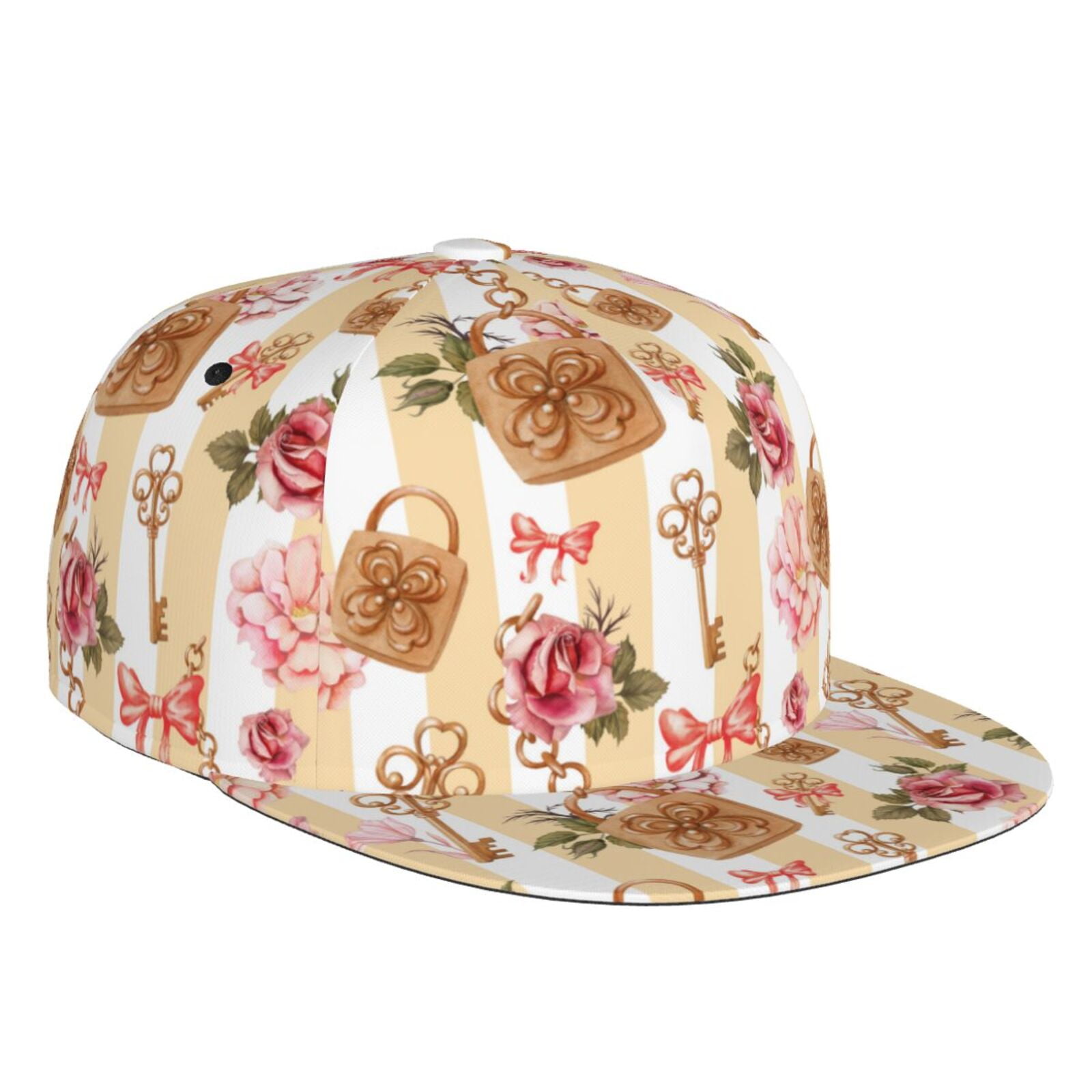 Baseball Cap Key Lock And Flowers Flat Brim Hats for Men and Women ...