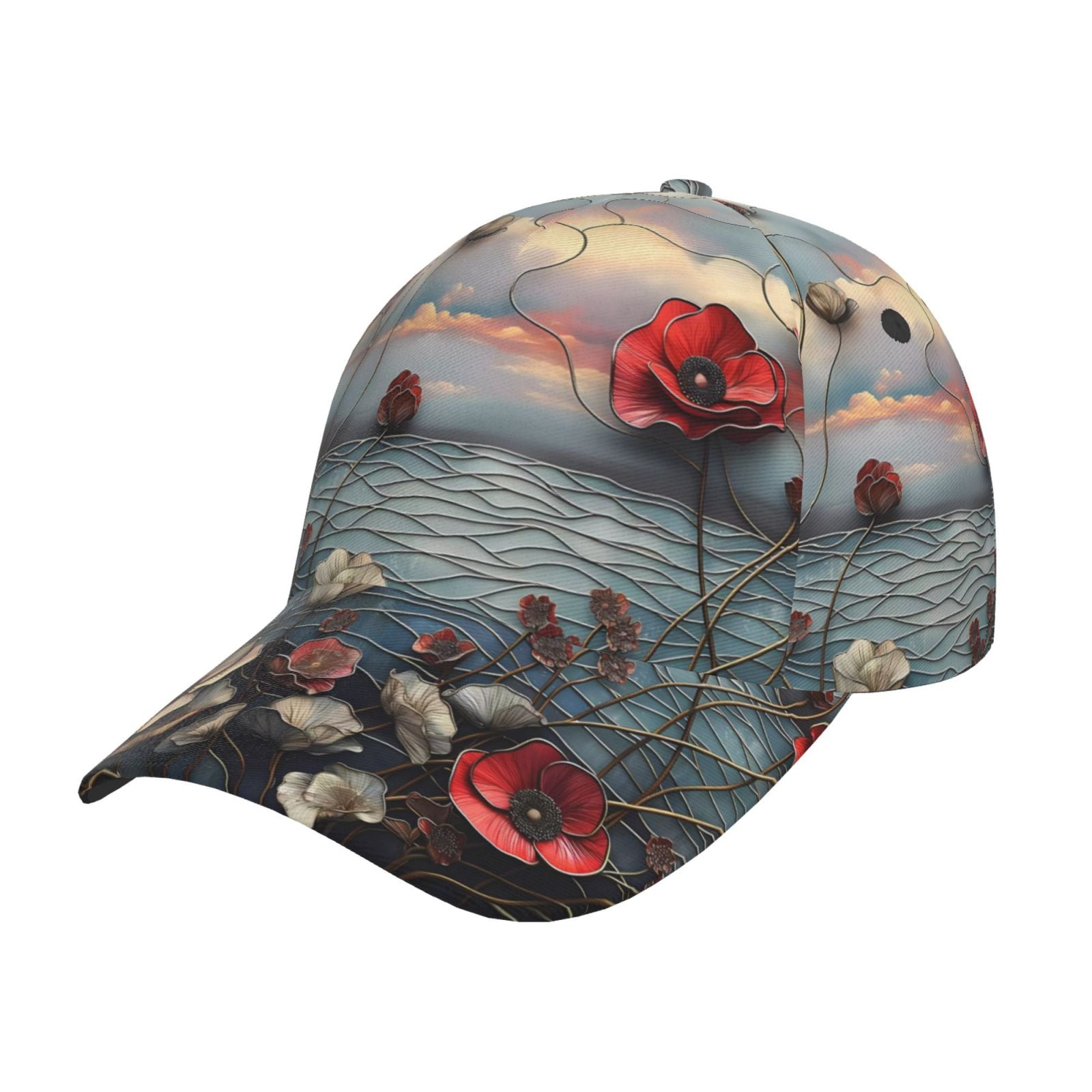 Baseball Cap - Stained Glass Red Flower Adjustable Size Hats for Men ...