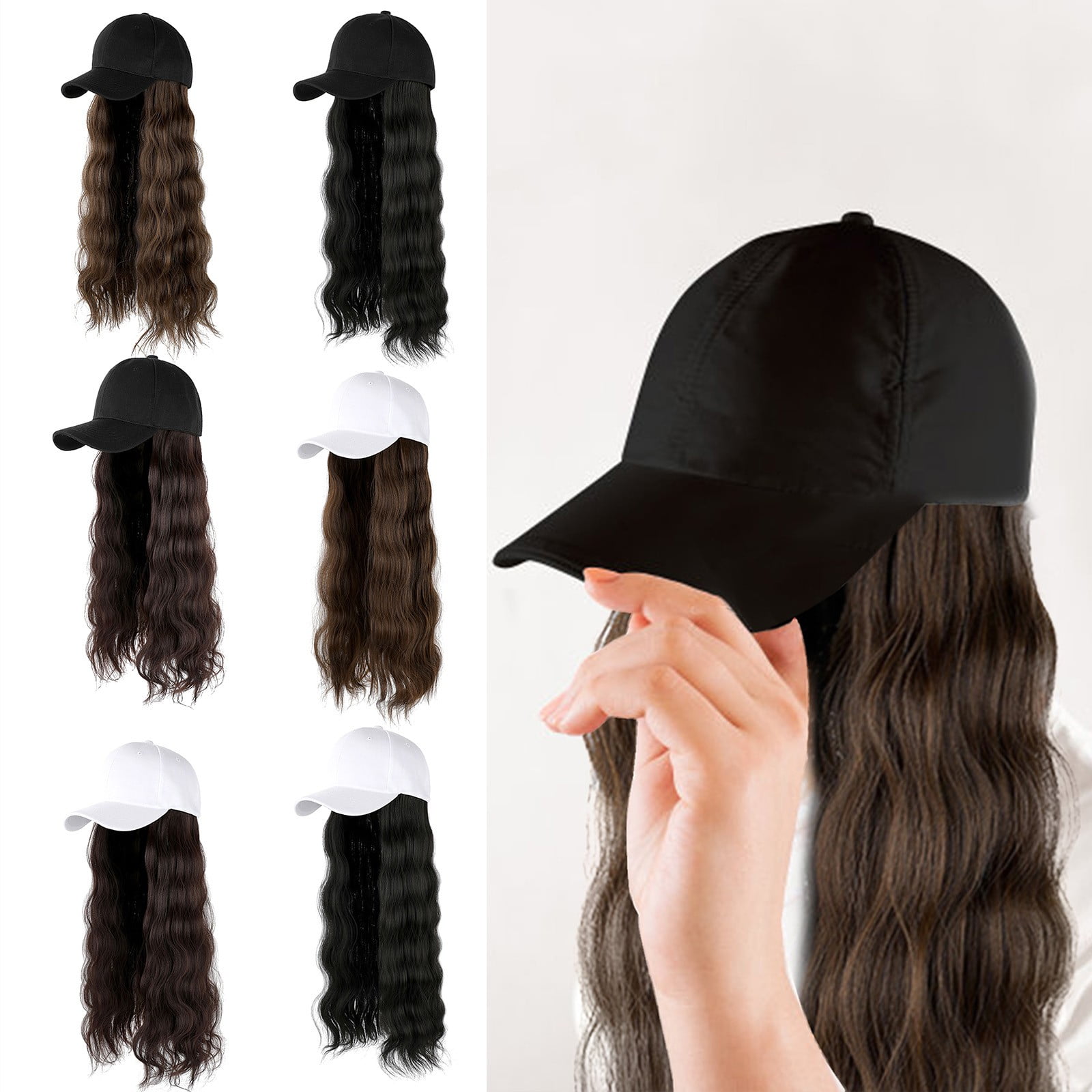 Baseball Cap with Attached Long Hair Curly Hairstyle Wig Adjustable Fit ...