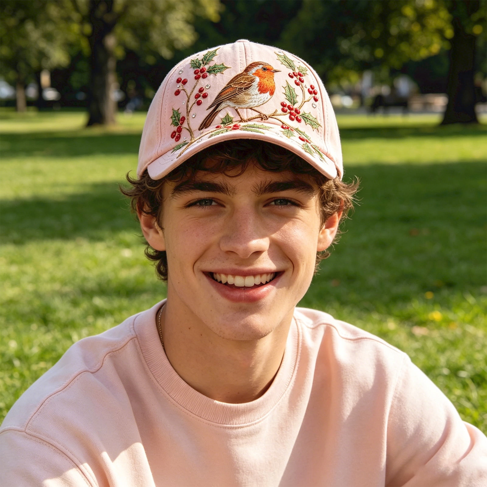 Baseball Cap with Bee and Floral Print, Adjustable Cotton Canvas Hat ...