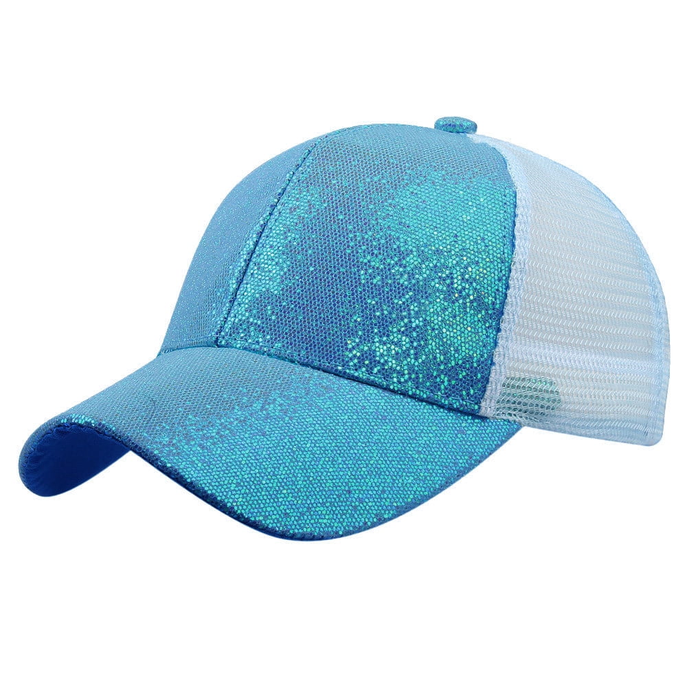 Baseball Caps for Women, Blue Snapback Cap Bun Sequins Messy Ponytail ...