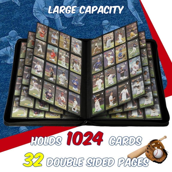 Baseball Card Binder 16 Pocket 1000+ Cards Pu Cover Trading Sports Side ...