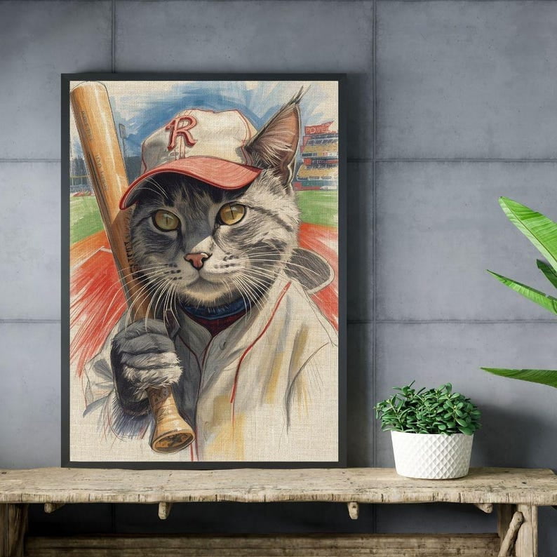 Baseball Cat Vintage Batter Wall Art Poster Whimsical Print 16x24 ...