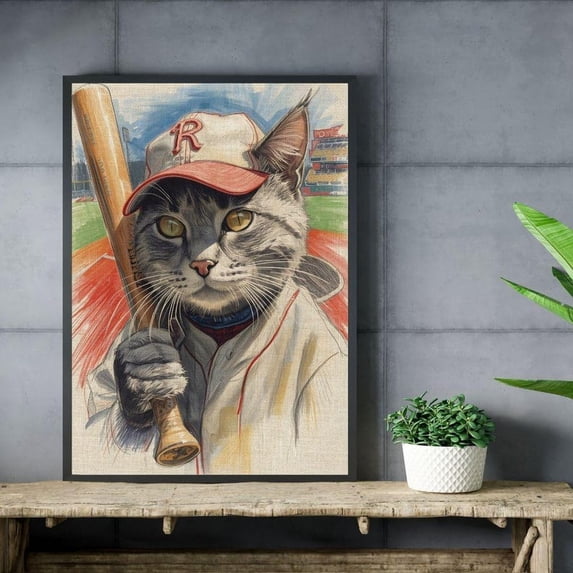 Baseball Cat Vintage Batter Wall Art Poster Whimsical Print 16x24 ...