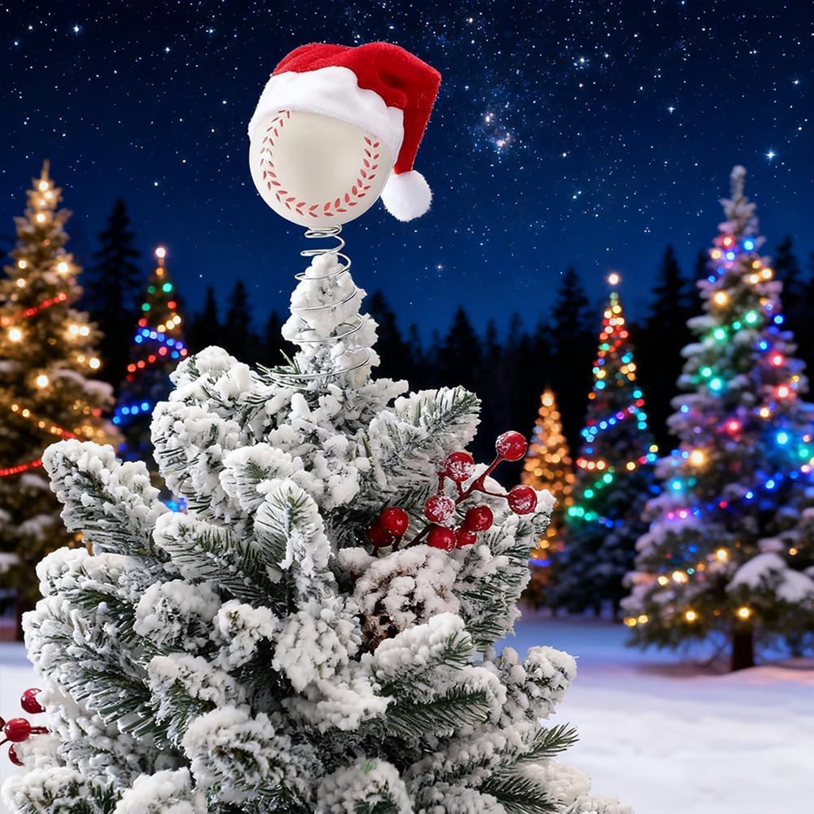 Baseball Christmas Tree Topper, Santa Hat Baseball Ornament with Spring ...