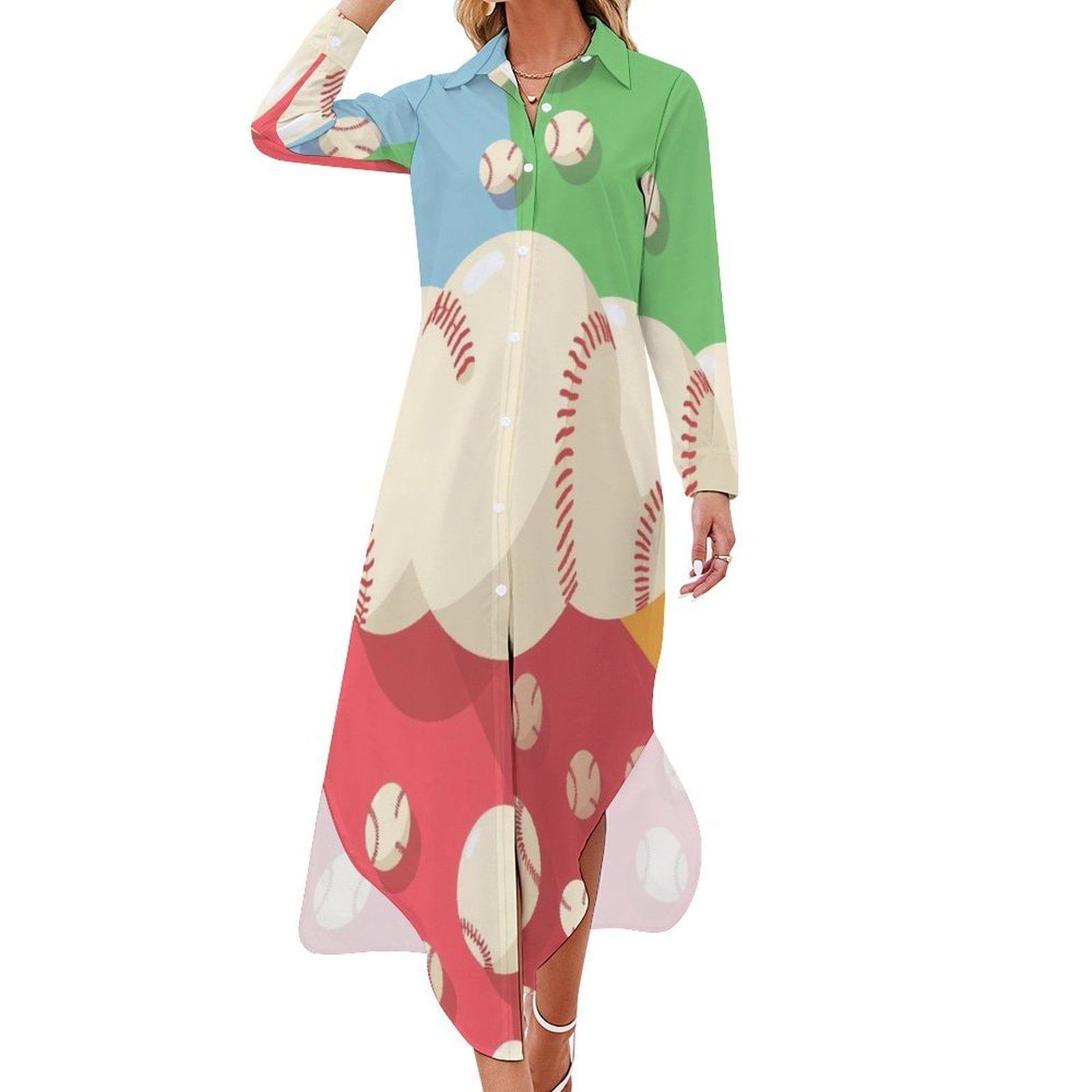 Baseball Cloud Background Chiffon Dress V Neck Dresses Women Casual ...