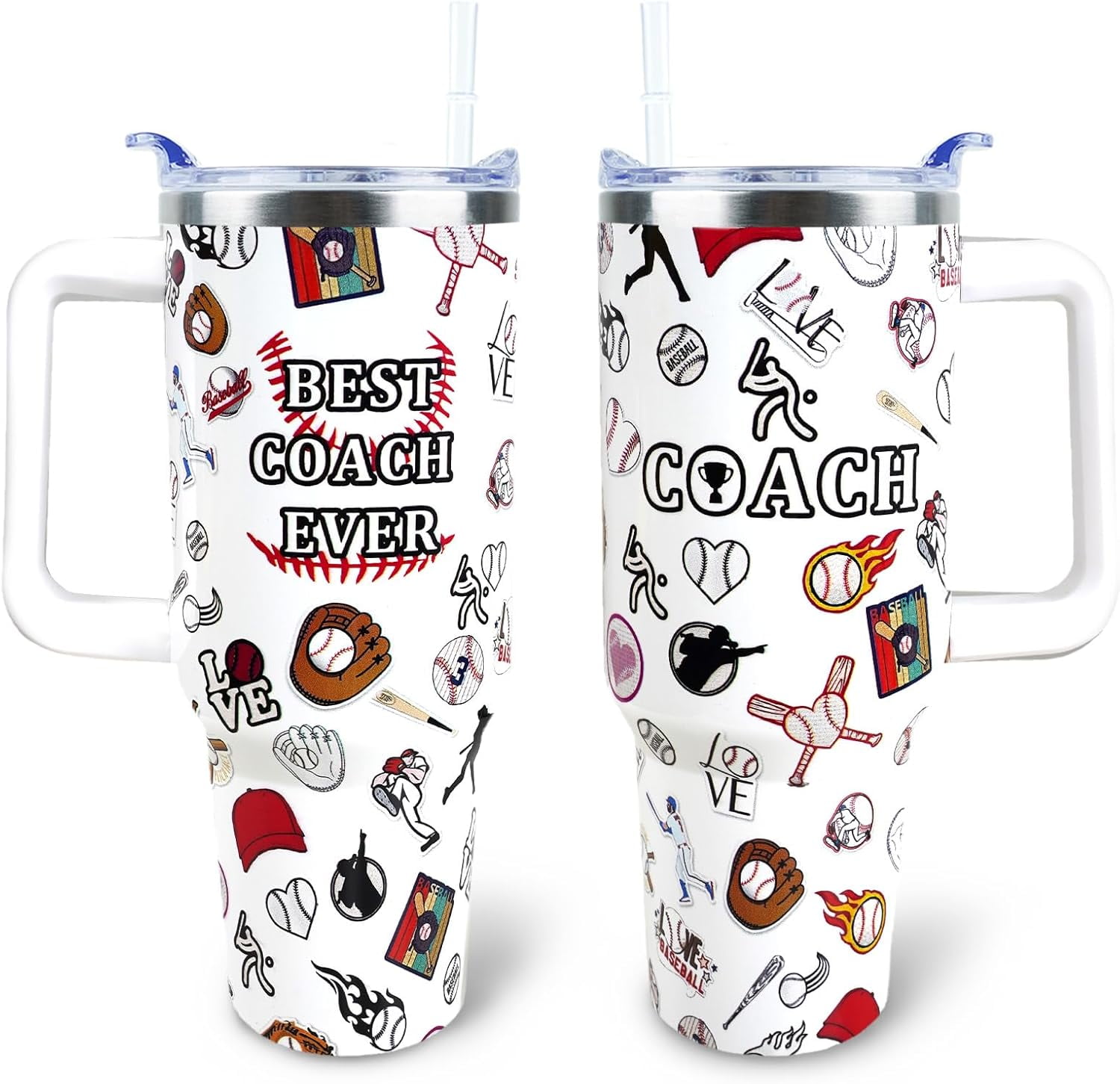 Baseball Coach Cup 40 oz Tumbler with Handle and Straw Lid Leak Proof ...