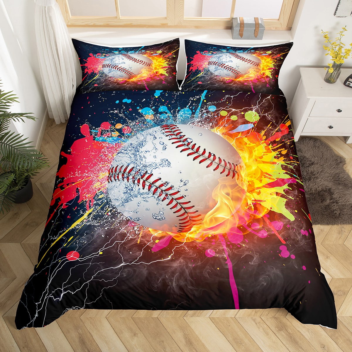 Baseball Comforter Cover Queen,Tie Dye Baseball Sports Bedding Set Red ...
