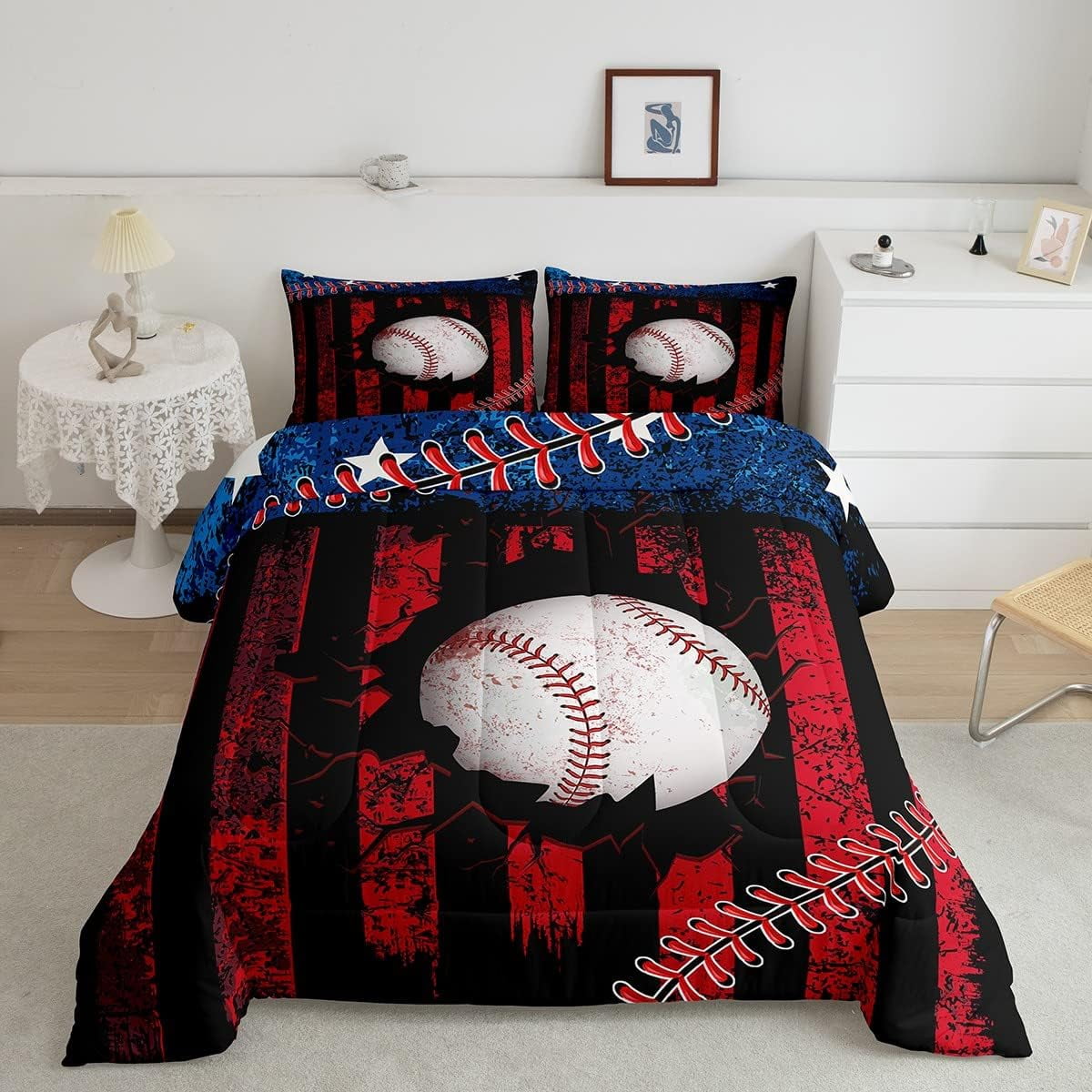 Baseball Comforter Full Size Vintage American Flag Bedding Set 3 Pcs ...