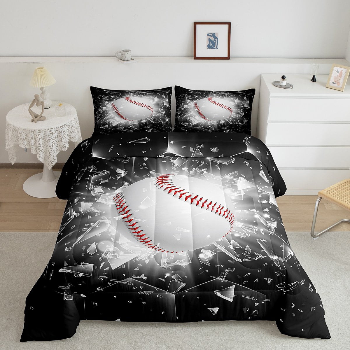 Erosebridal Baseball Comforter Set, Twin Size Sports Bedding, Black ...