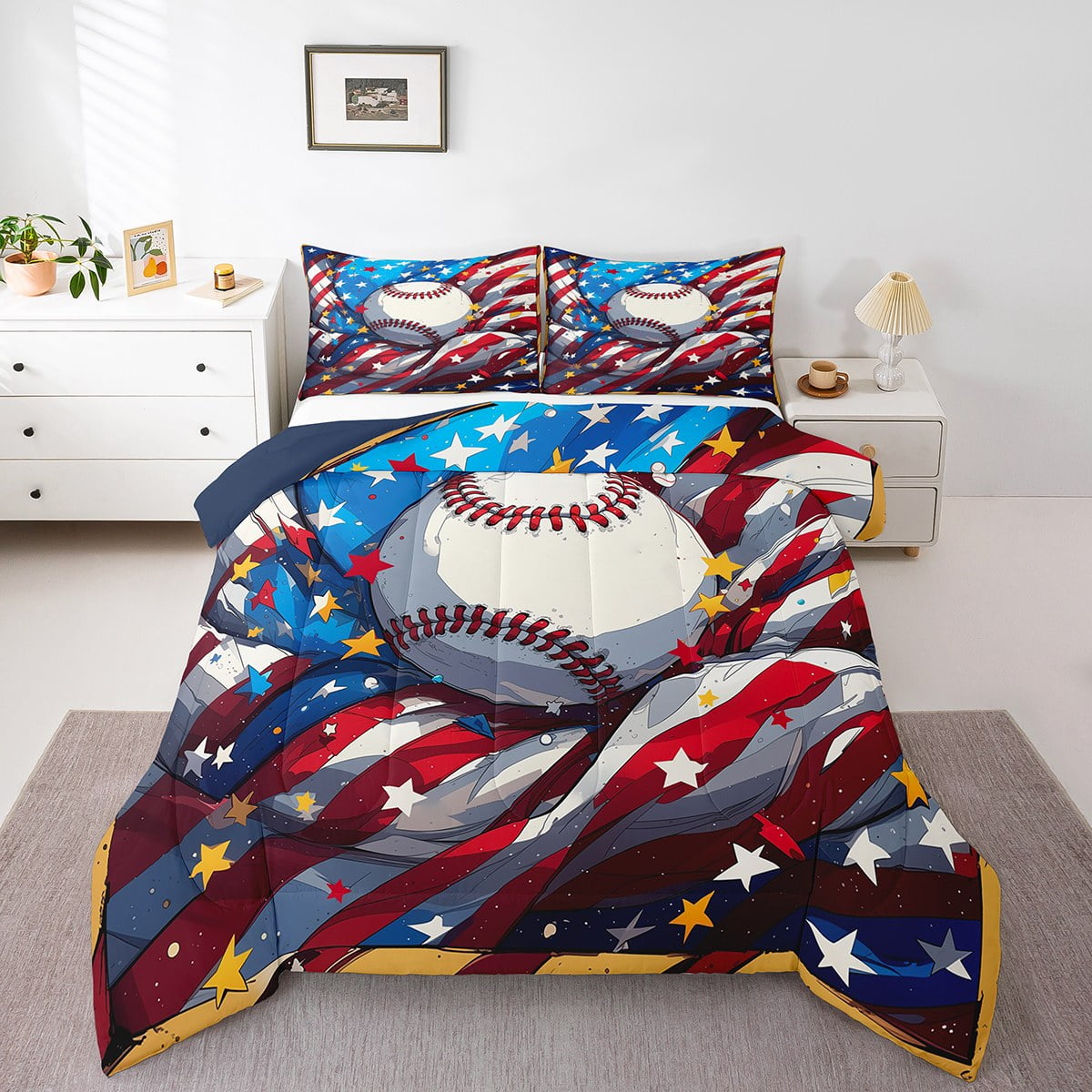 Baseball Comforter Set King Size 3 Pcs,Colorful Cartoon Stars Red Blue ...