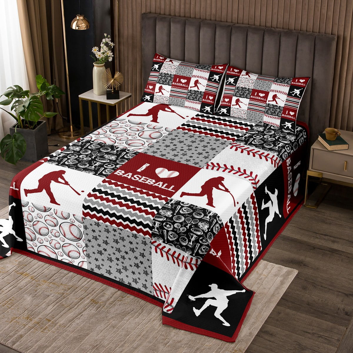 Baseball Coverlet Twin Size Boys Girls Sports Bedding Set, Red Black ...