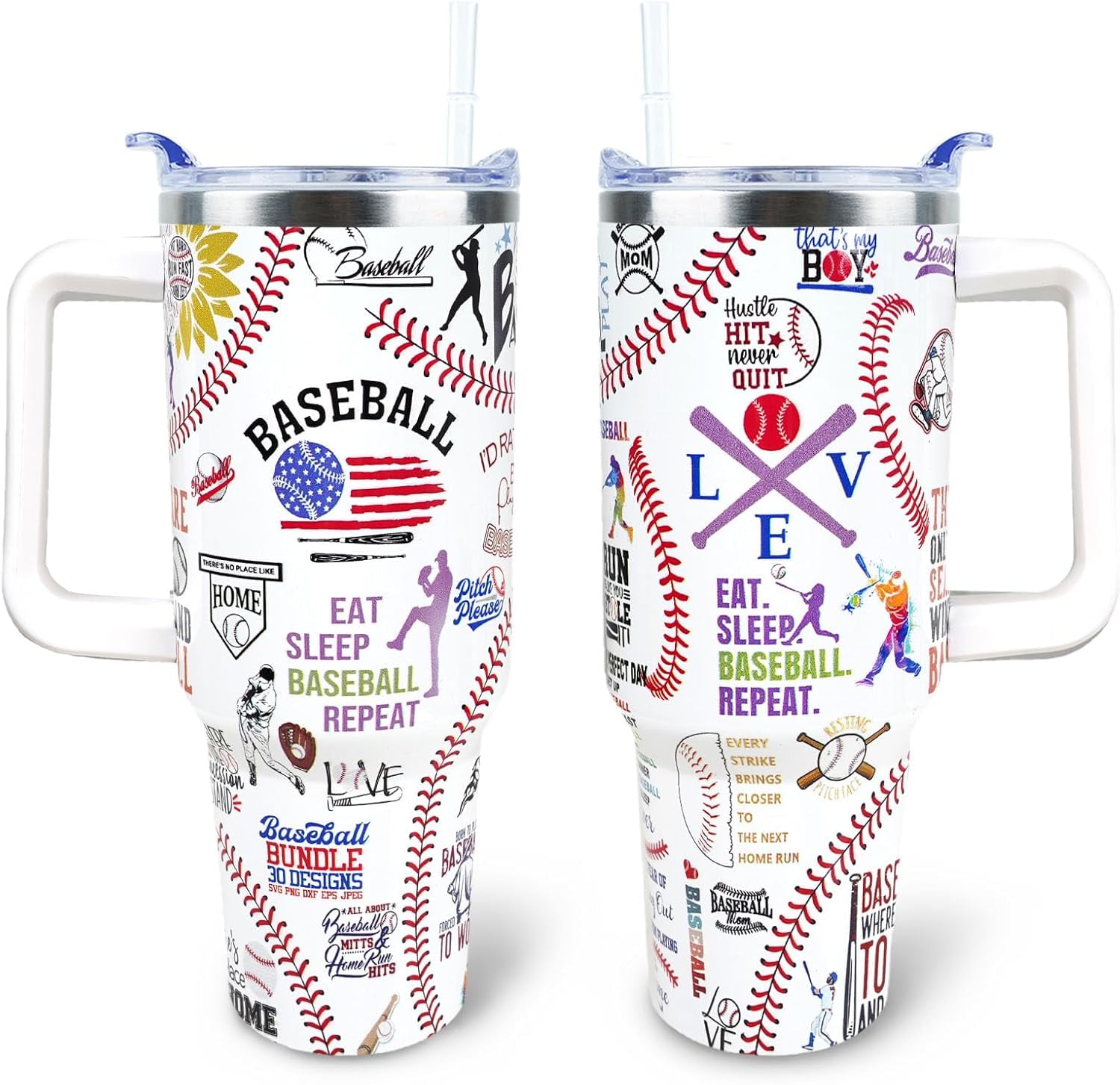 Baseball Cup 40 oz Tumbler with Handle and Straw Lid Leak Proof ...