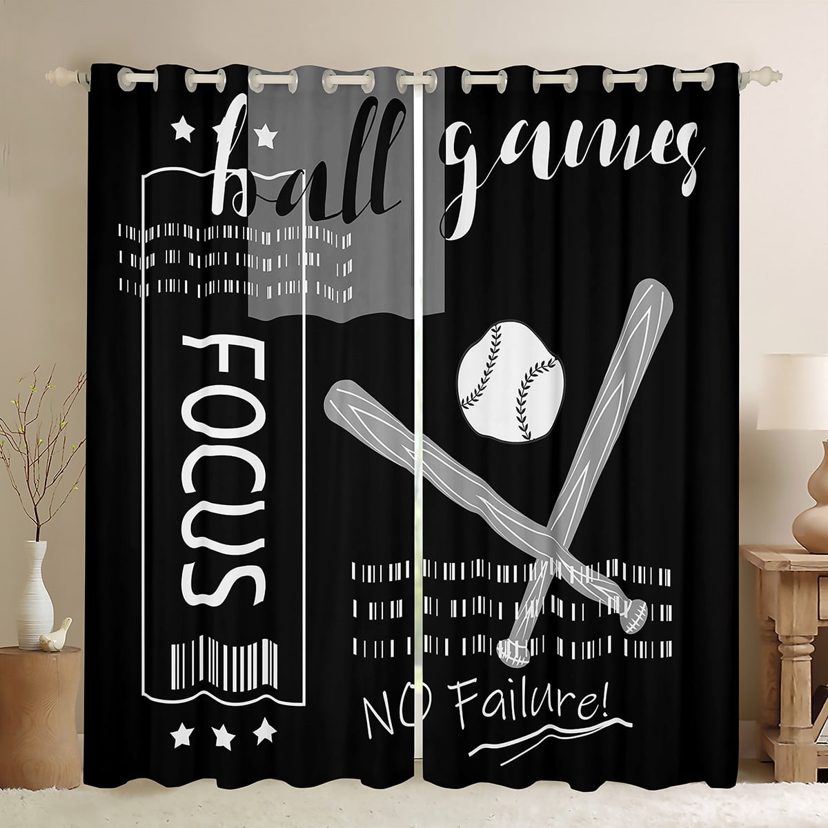 Baseball Curtains,Black and White Baseball Curtains Drapes Bedroom ...